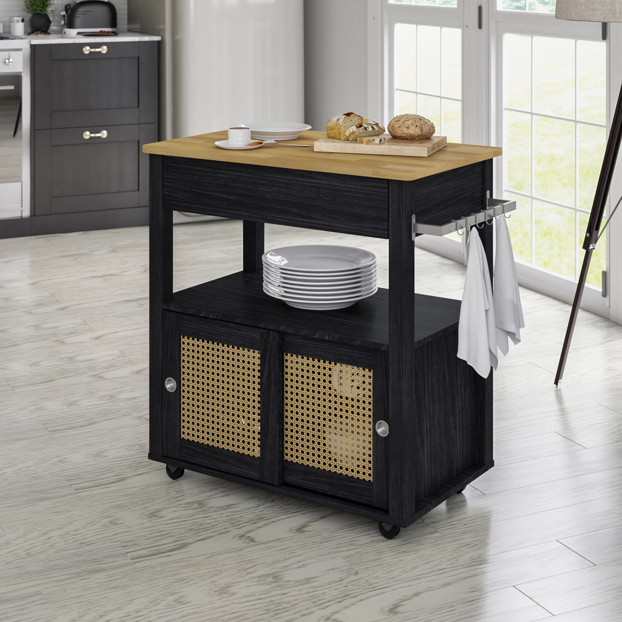 Twin Star Home Boho Kitchen Storage Cart with Sliding Doors and Wheels ...