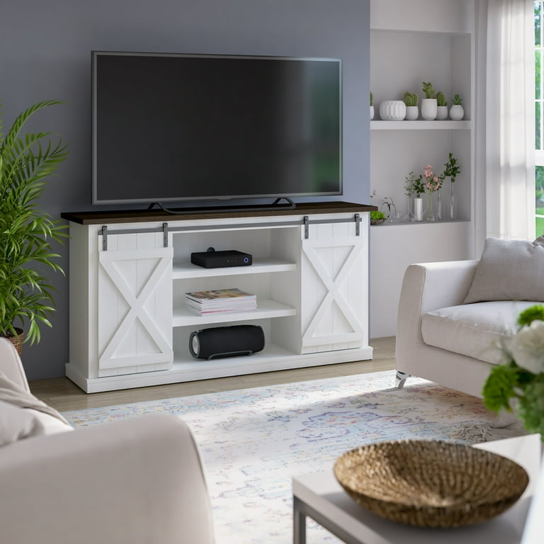 Free Shipping Twin Star Home Modern Farmhouse TV Stand with Sliding Barn Doors for TVs up to 70 Stanton Birch White Walmart
