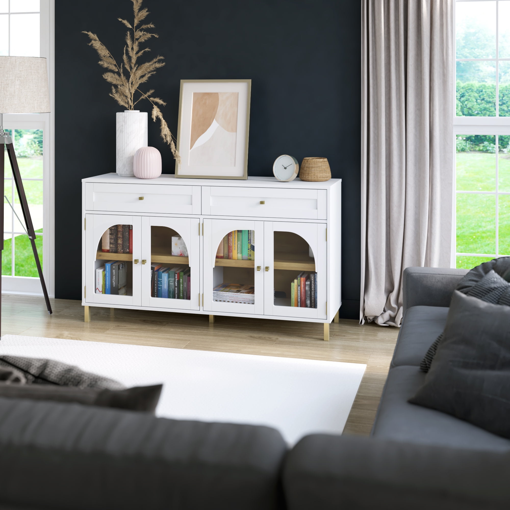 Twin Star Modern Sideboard - Glass Doors, Adjustable Shelves - Walmart.com