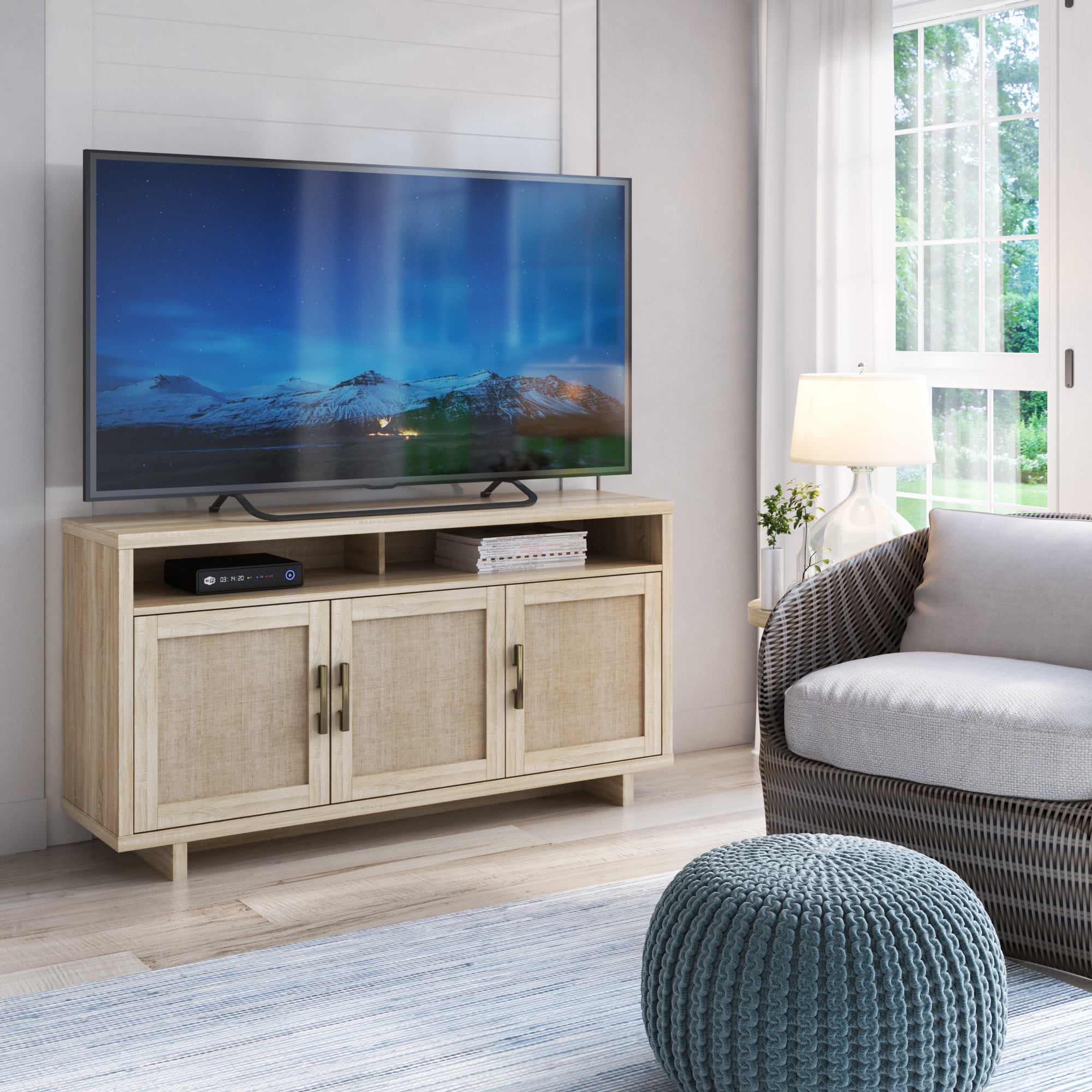 Twin Star Home Entertainment Center with Fabric Doors, Bishop Oak ...