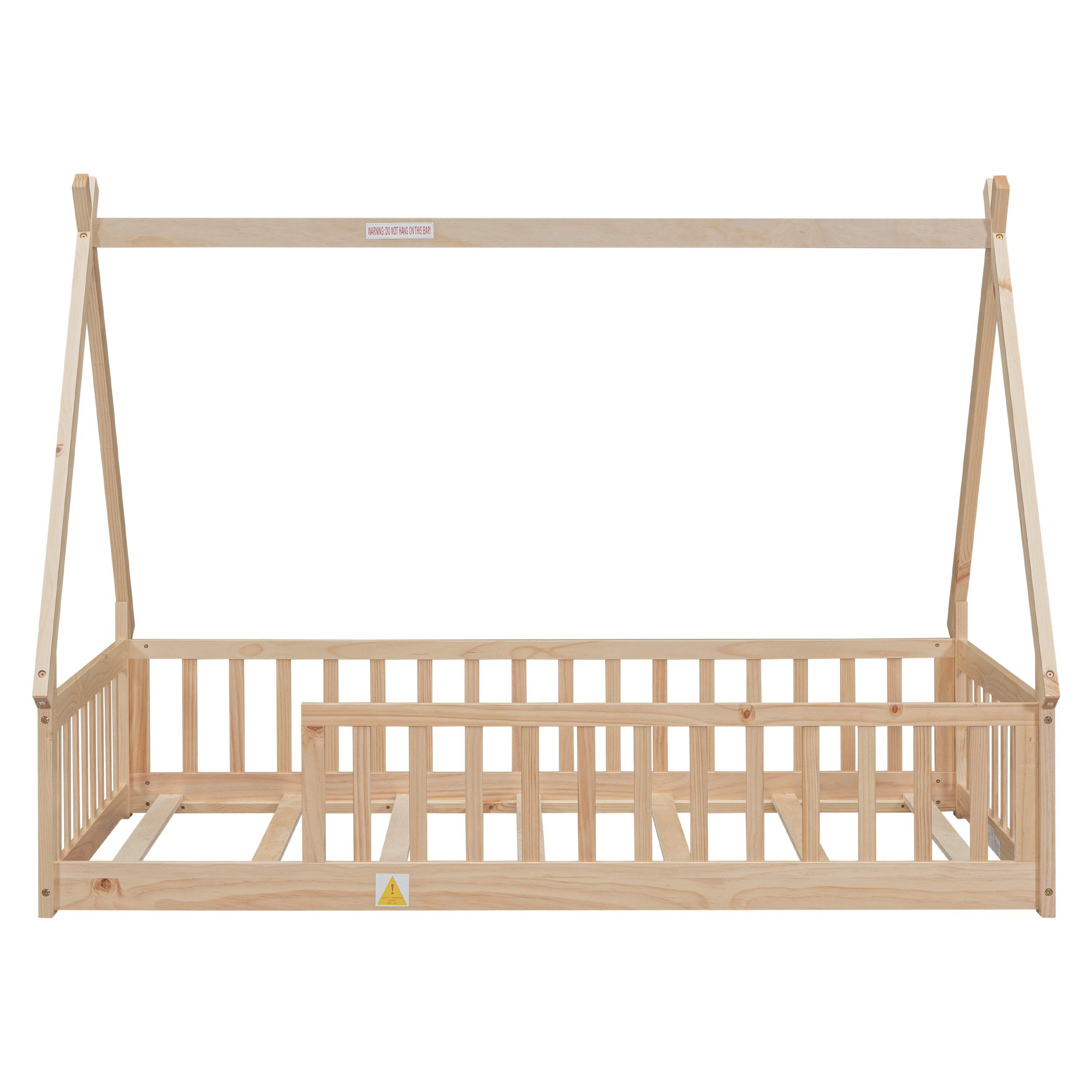 Twin Tent Shaped Floor Bed, Teepee Bed With Guardrails, Slats,Natural ...