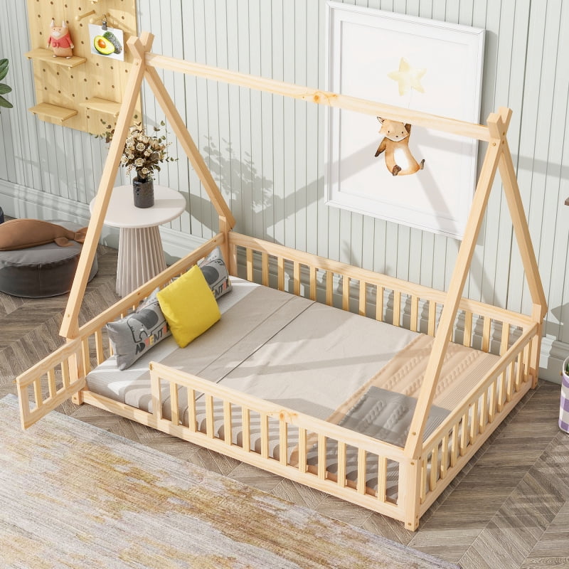 Twin Tent-shaped Floor Bed, Teepee Bed with Guardrails, Slats,Natural ...