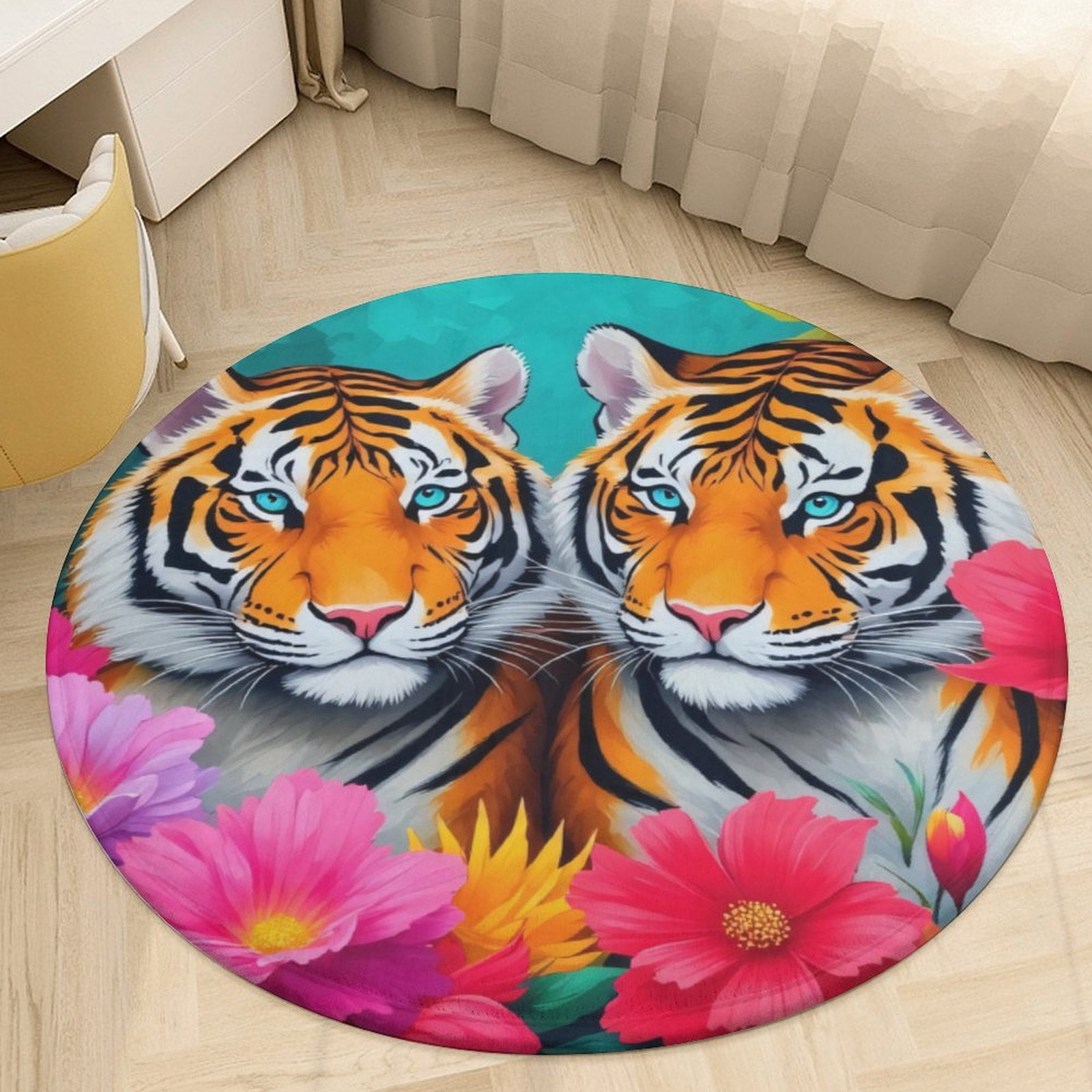 Twin Tigers in Floral Jungle Round Area Rugs for Bedroom Living Room ...