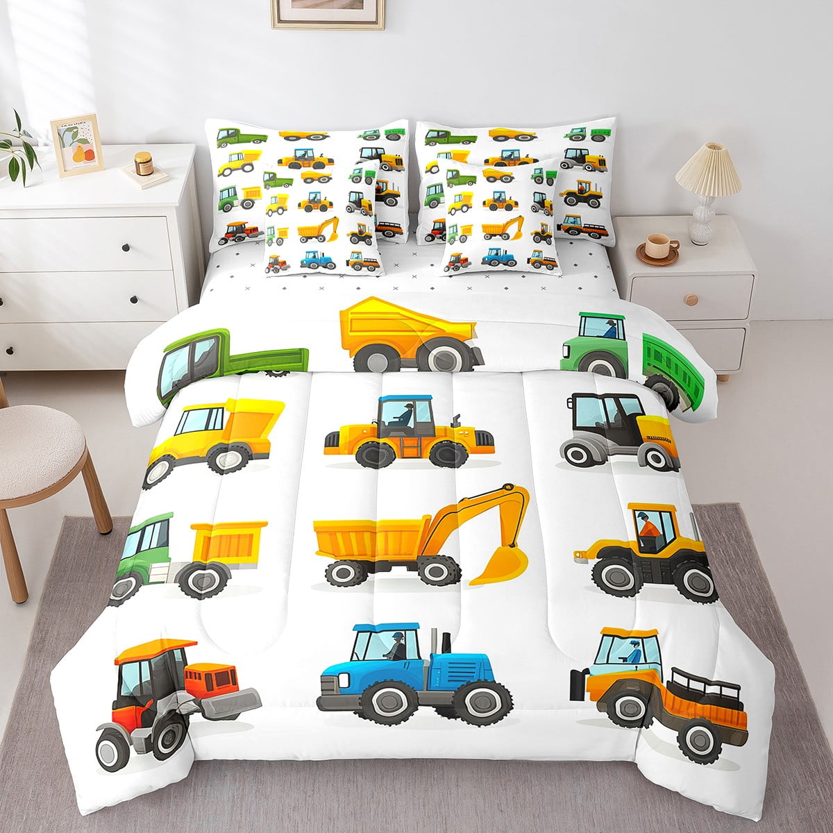 Twin Tractor Truck Comforter Sets 7-Piece,Excavator Bedding Set with ...