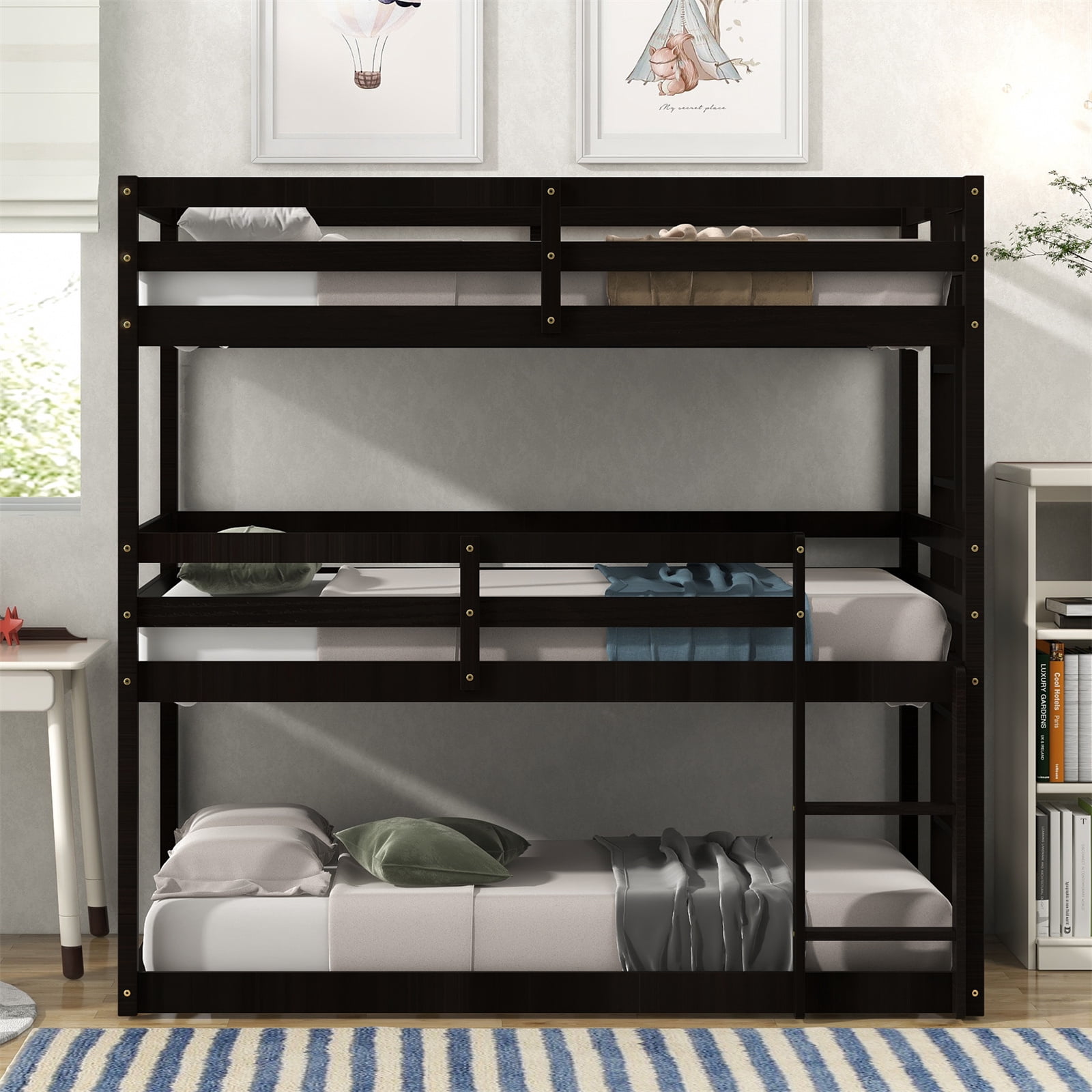 Twin Triple Bunk Bed Frame, Twin Over Twin Over Twin Low Bunk Bed with ...