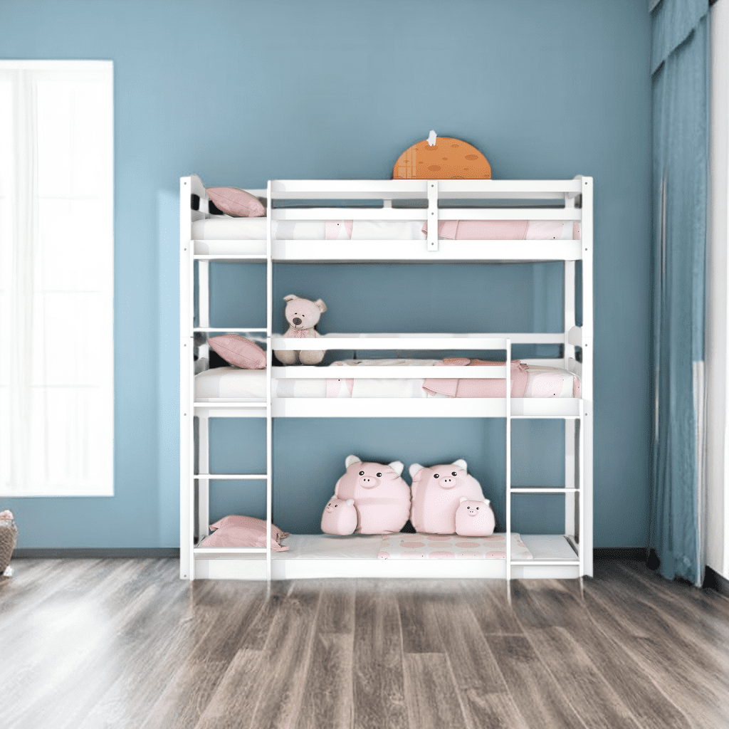Twin Triple Bunk Bed, Wood Twin Size Triple Bed Frame with Guard Rail ...