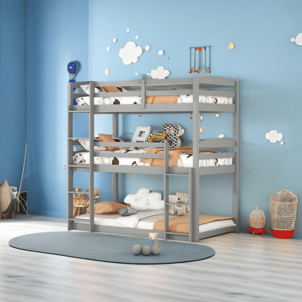 Twin Triple Bunk Bed, Wood Twin Size Triple Bed Frame with Guard Rail ...