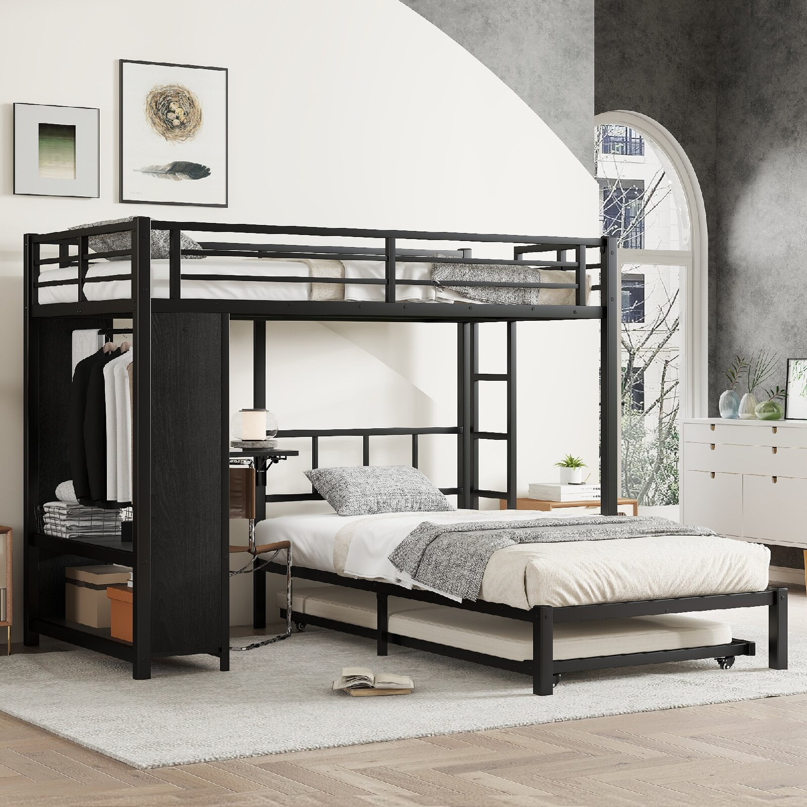 Twin over Twin Bunk Bed Frame with Built-in Wardrobe and Foldable Desk ...