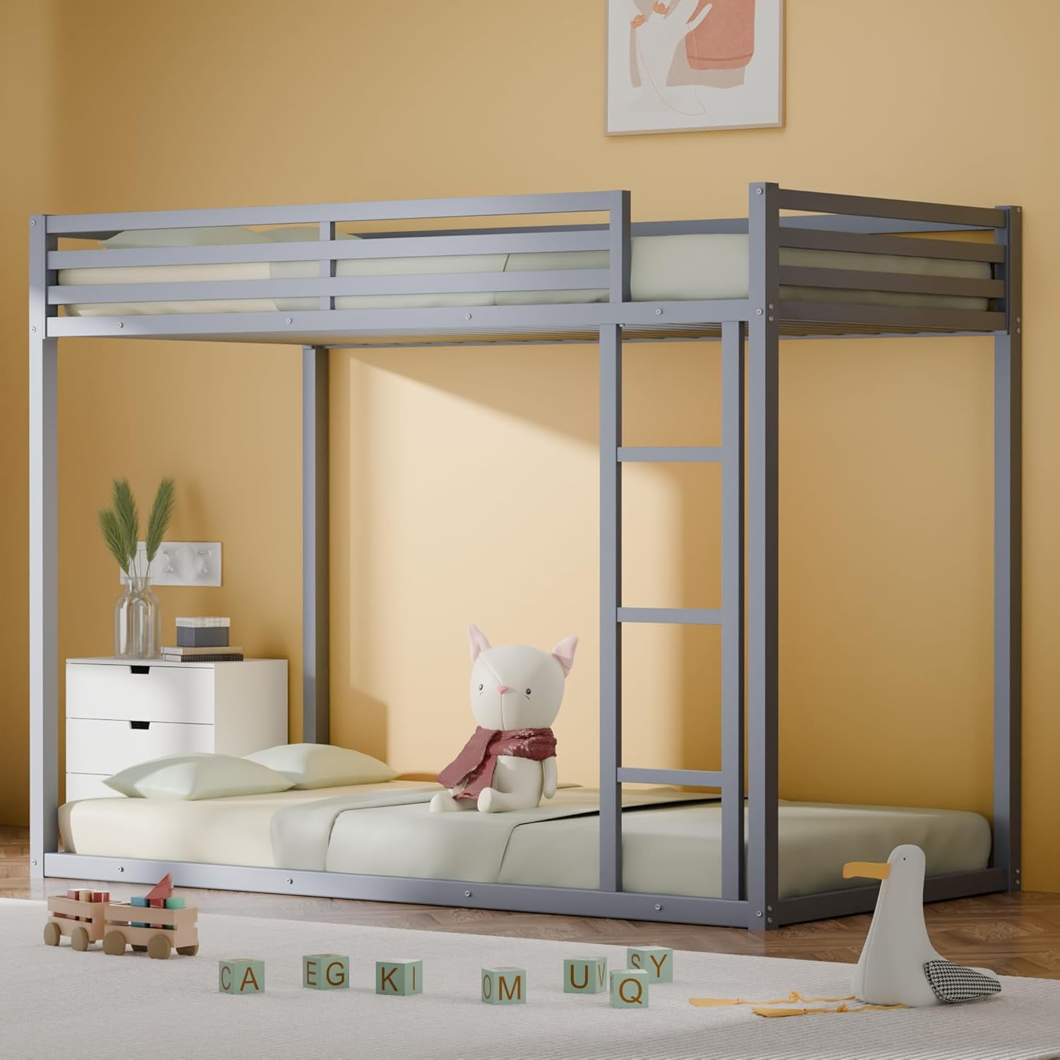 Twin Over Twin Bunk Bed, Metal Bunk Bed with Built-in Ladder and Full ...