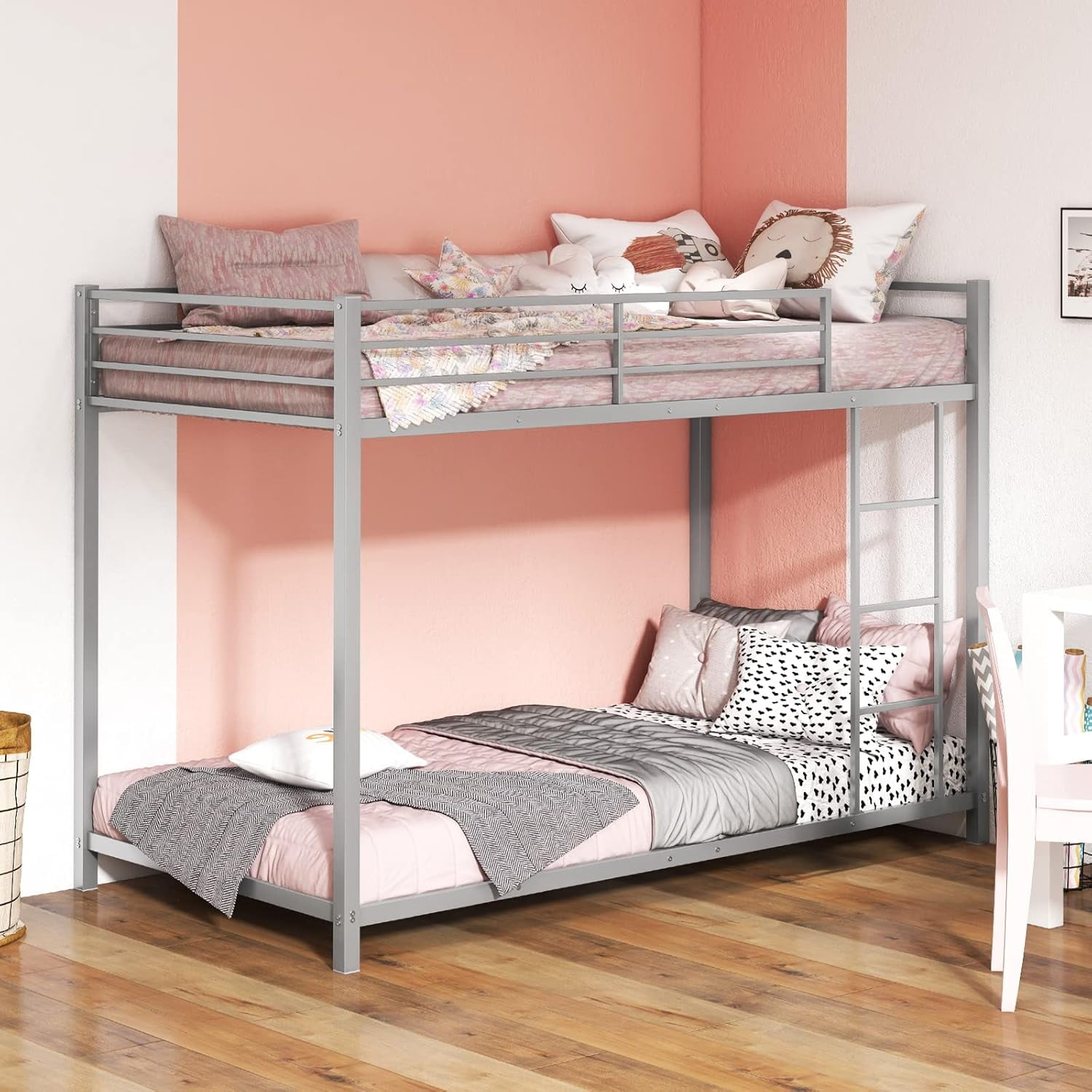 Twin Over Twin Bunk Bed Metal Frame Loft Bunk Bed with Ladder and Guard ...