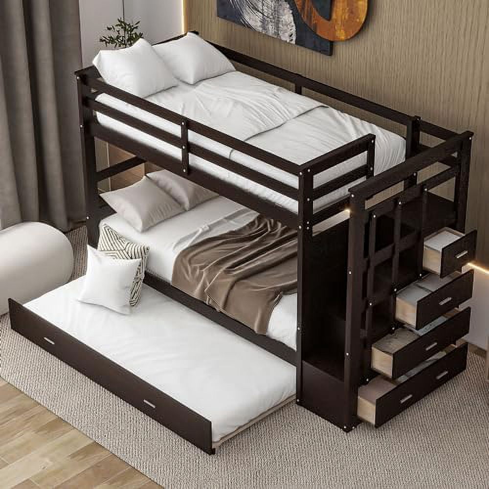 Twin Over Twin Bunk Bed with Staircase and Trundle, Solid Wood Bunk ...