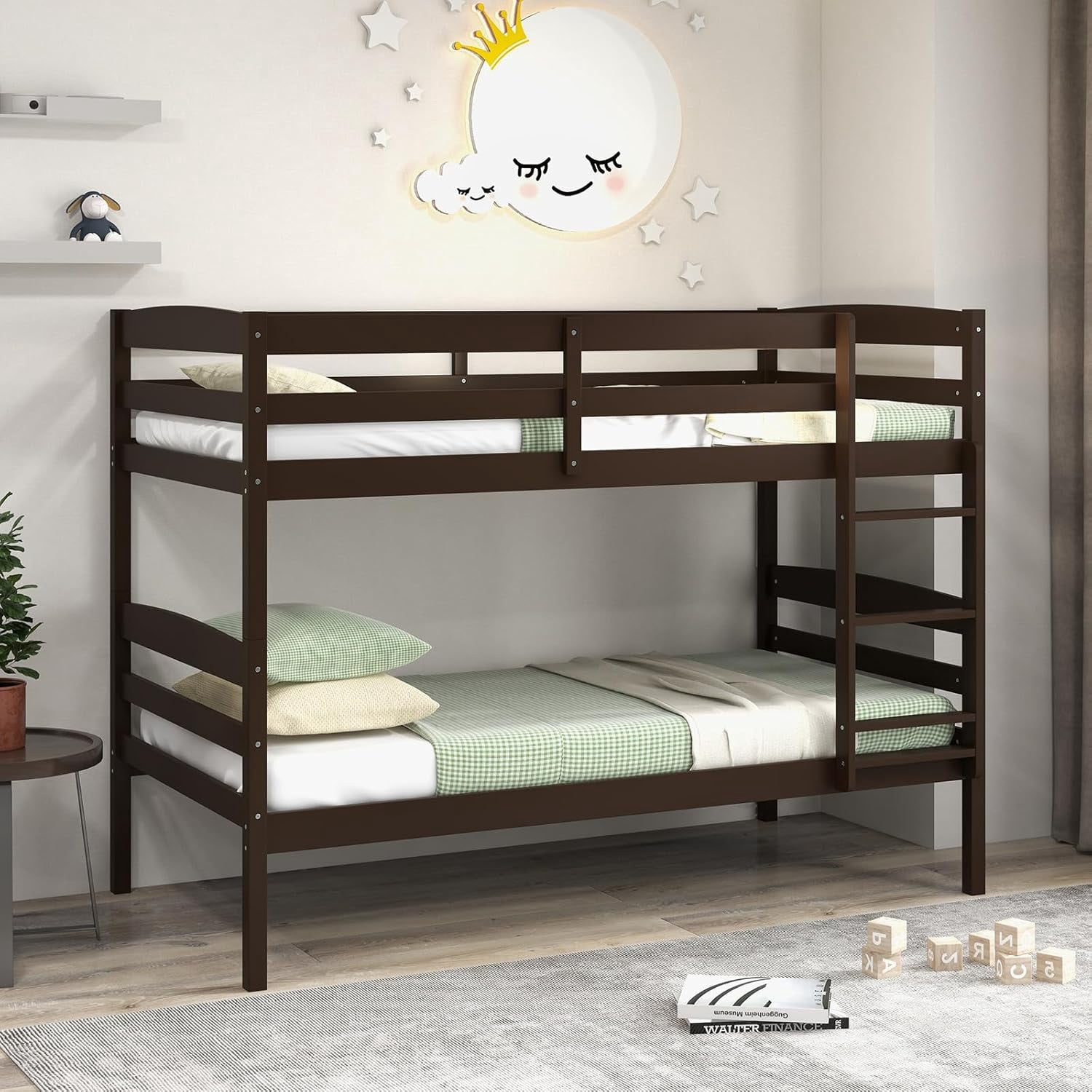 Twin Over Twin Bunk Bed, Wood Bunk Bed with Full-Length Guardrail ...