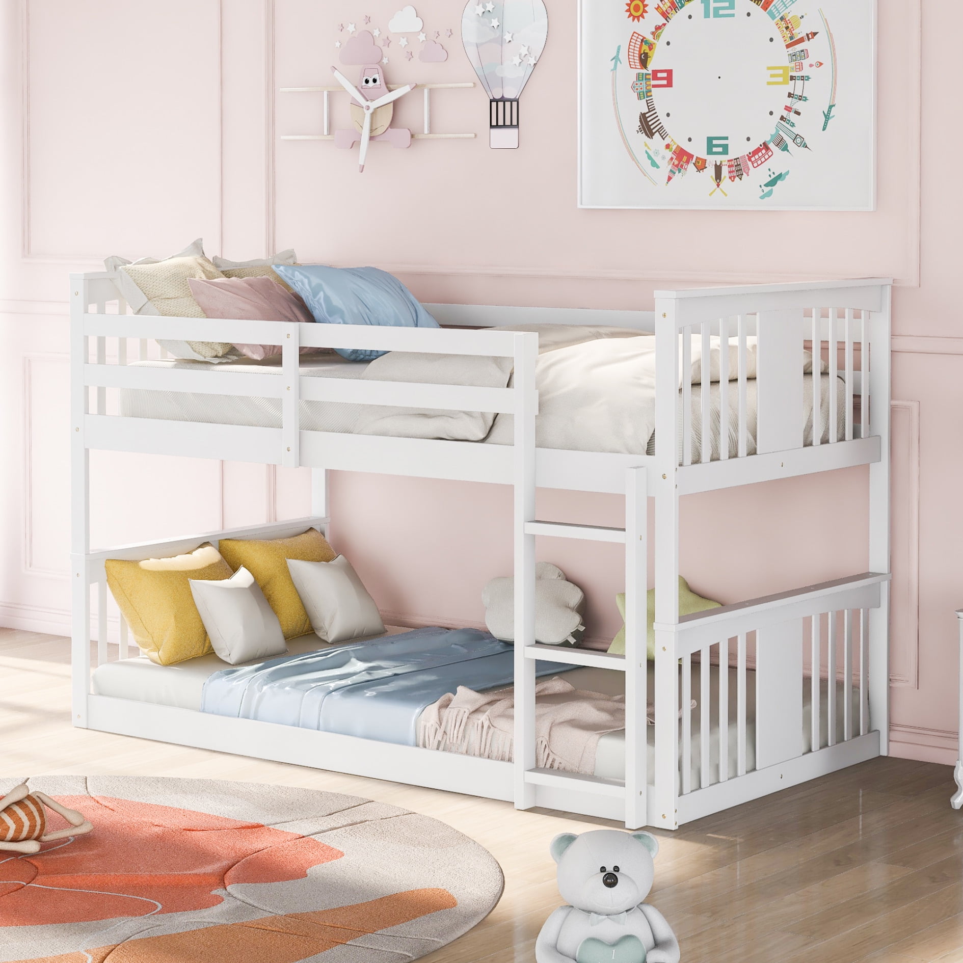 Twin Over Twin Bunk Bed, Wood Floor Bunk Bed with Ladder, Low Profile ...