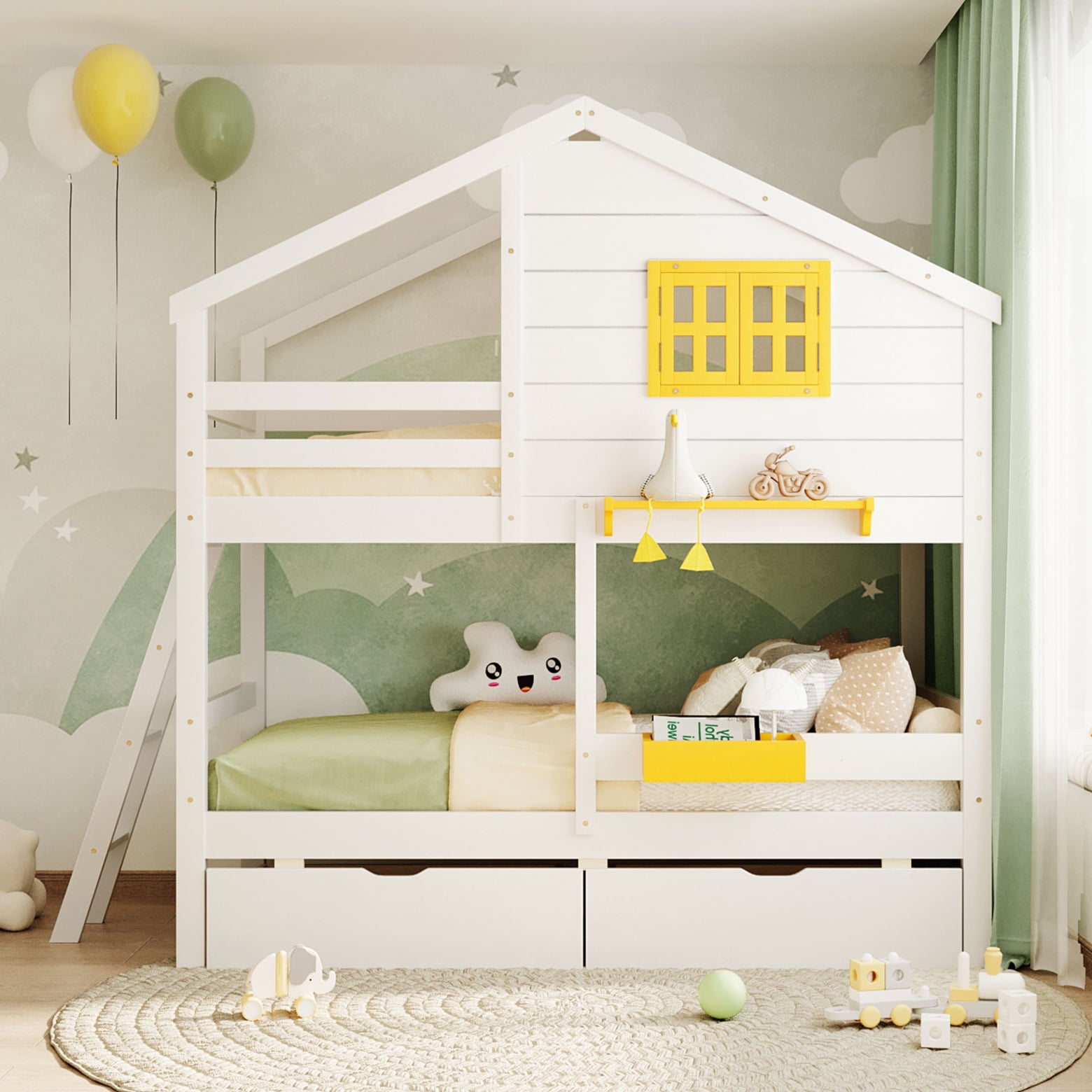 Twin over Twin Bunk Bed, Wooden House-Shaped Bed Frame with Window and ...