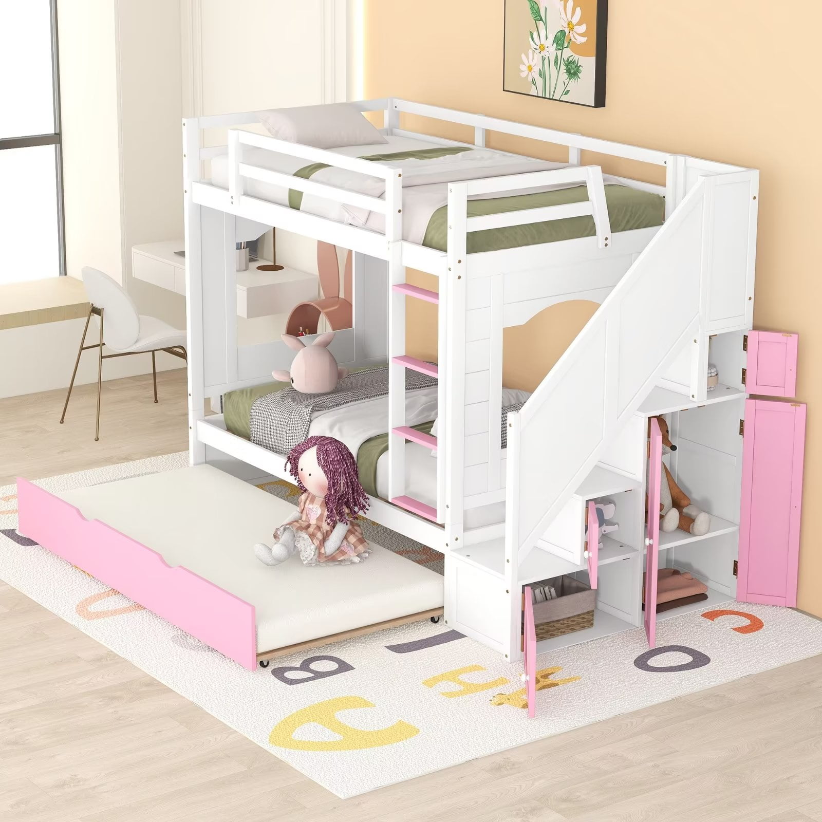 Twin/Twin Bunk Beds with Pull-out Trundle Bed, Wooden Playhouse Beds ...