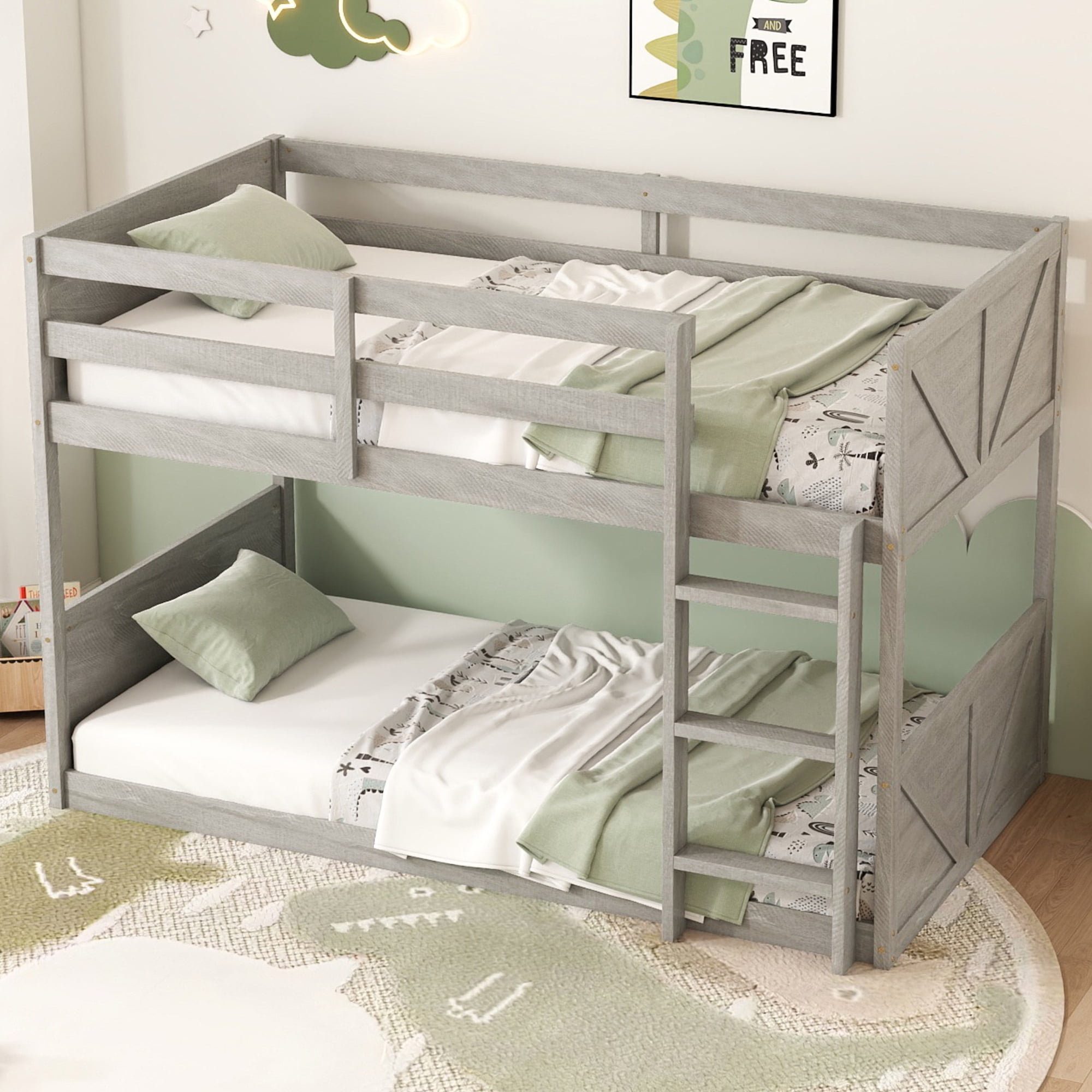 Twin over Twin Floor Bunk Bed with Panelled Headboard and Footboard ...