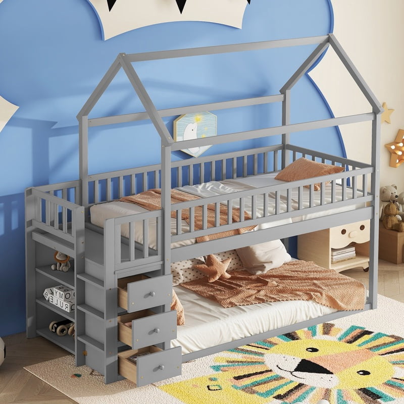 Twin/Twin House Bunk Bed, Shelves, Drawers, Gray Standardize case ...