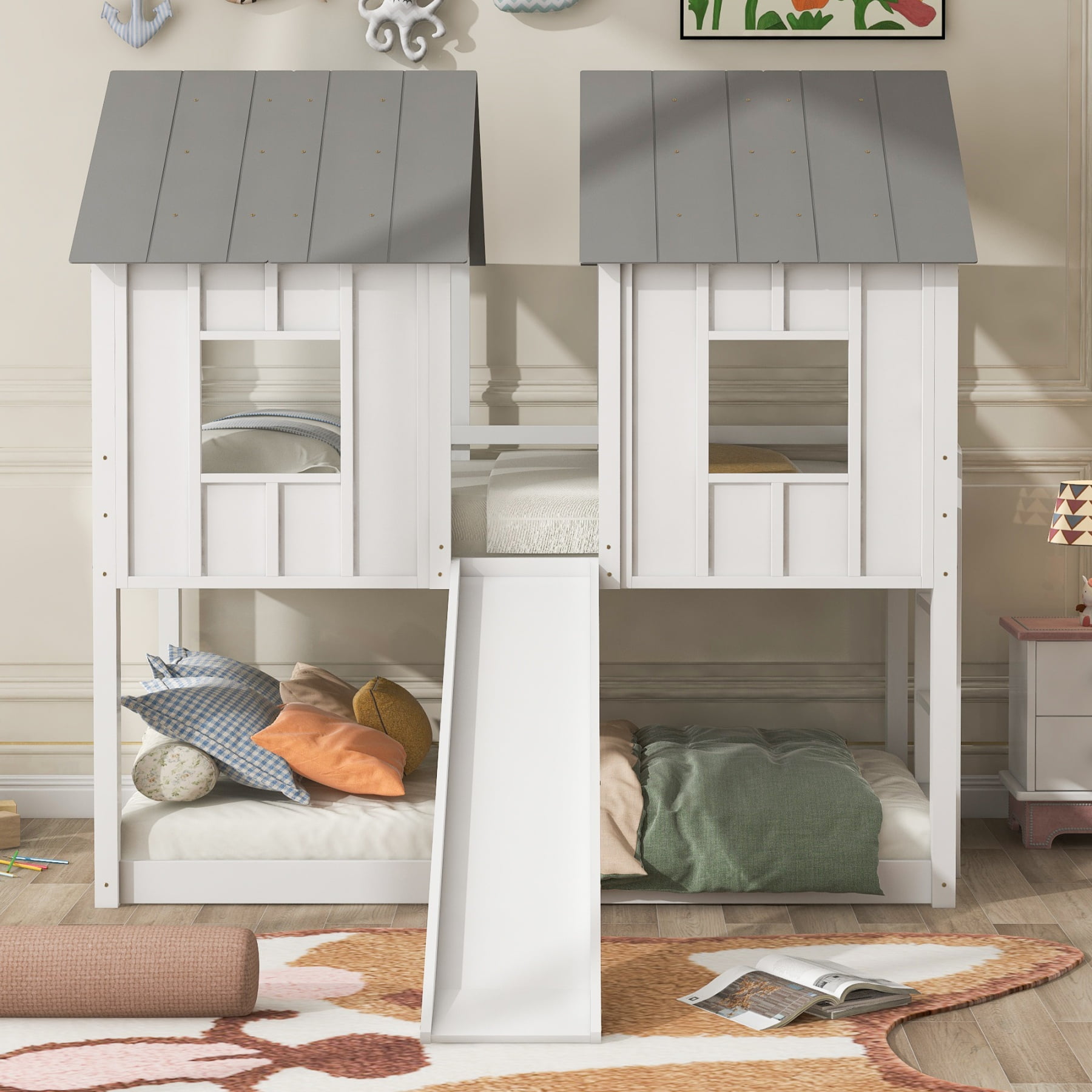 Twin Over Twin House Bunk Bed with Slide - Playful Cottage Design, Solid Pine & MDF Construction ...