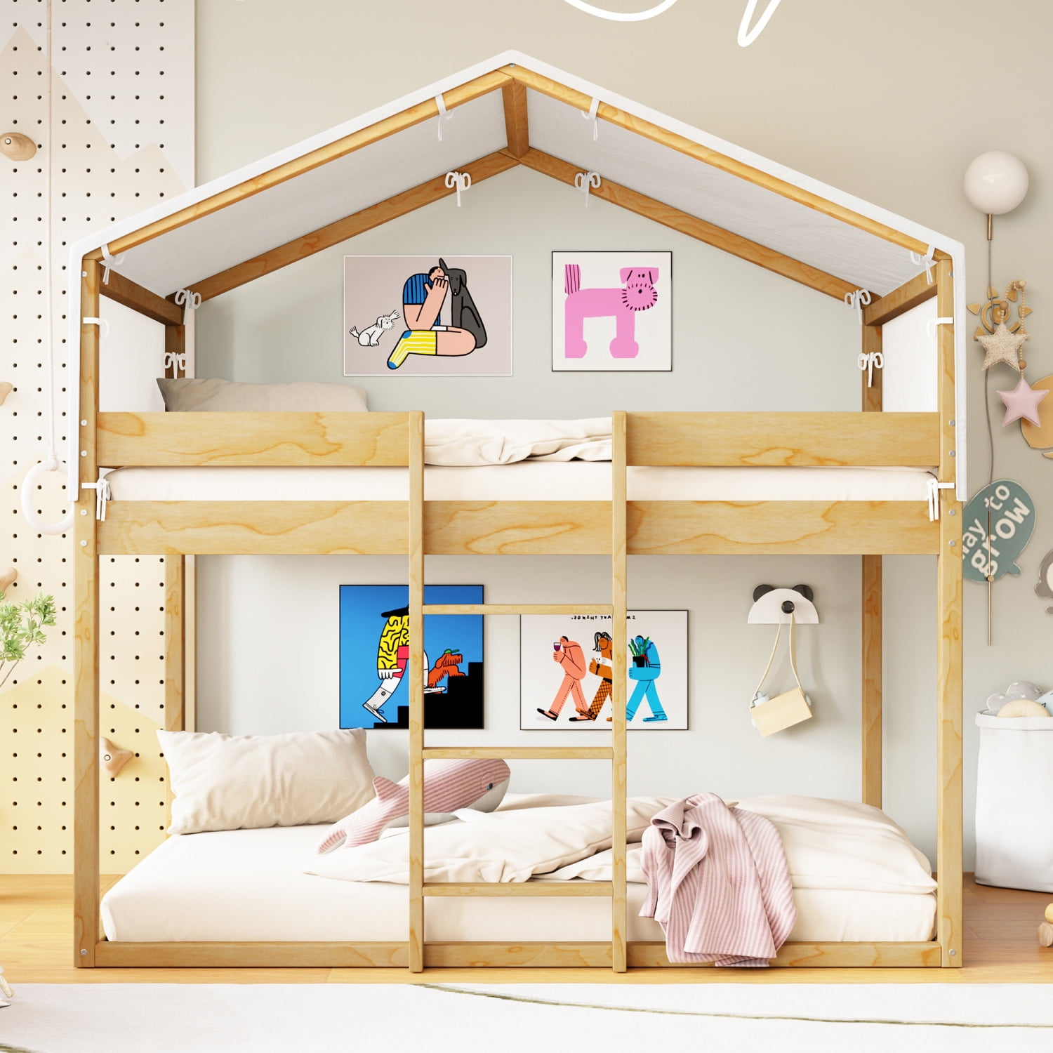 Twin over Twin House Bunk Bed with Tent for Kids, Wood Montessori Bunk ...