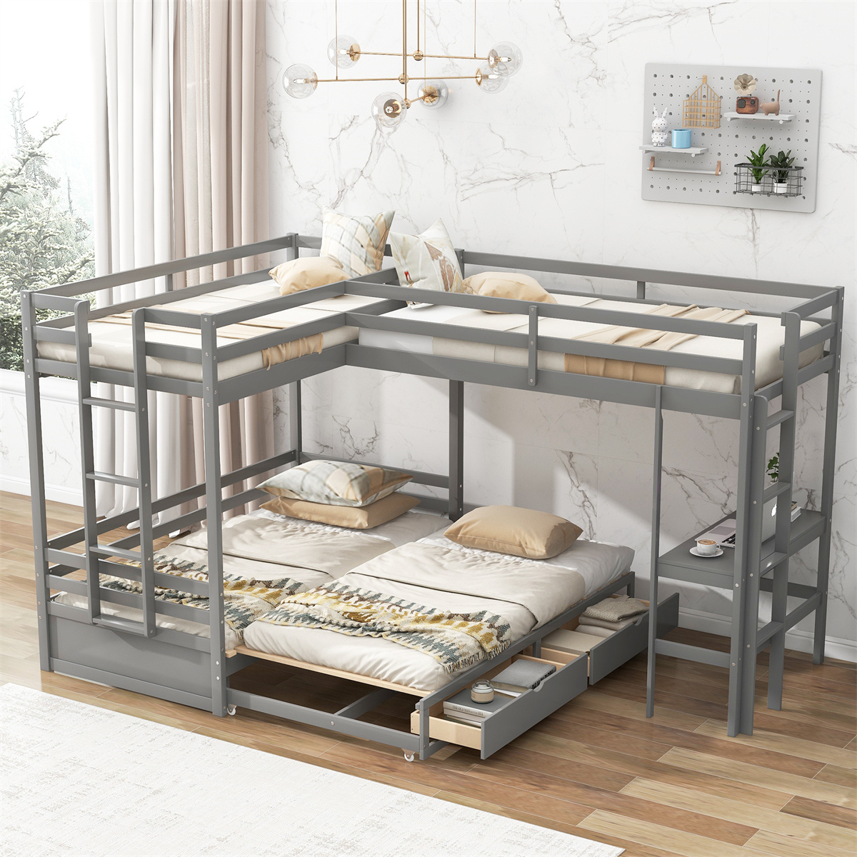 Twin Over Twin/King L-Shaped Triple Bunk Bed with Built-in Desk and 2 ...