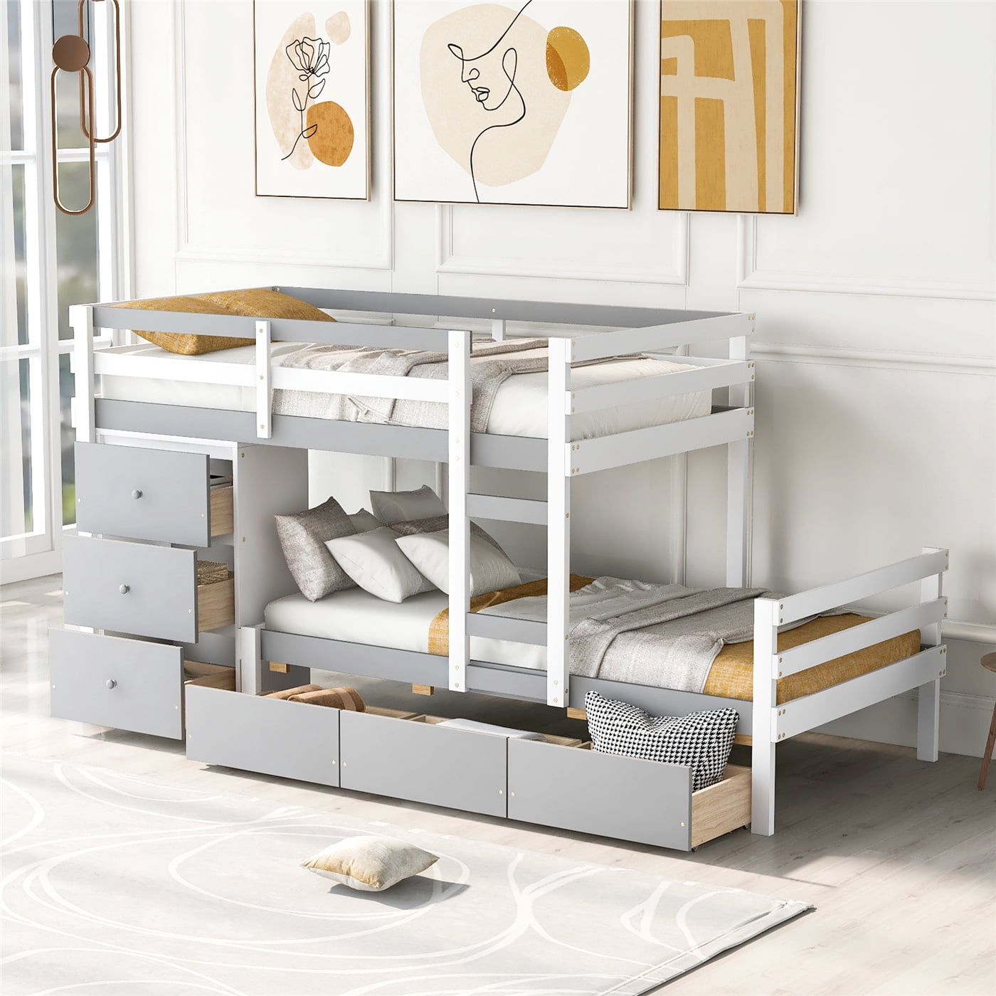 Twin Over Twin Low Bunk Bed, Loft Bunk Bed with 6 Storage Drawers and ...