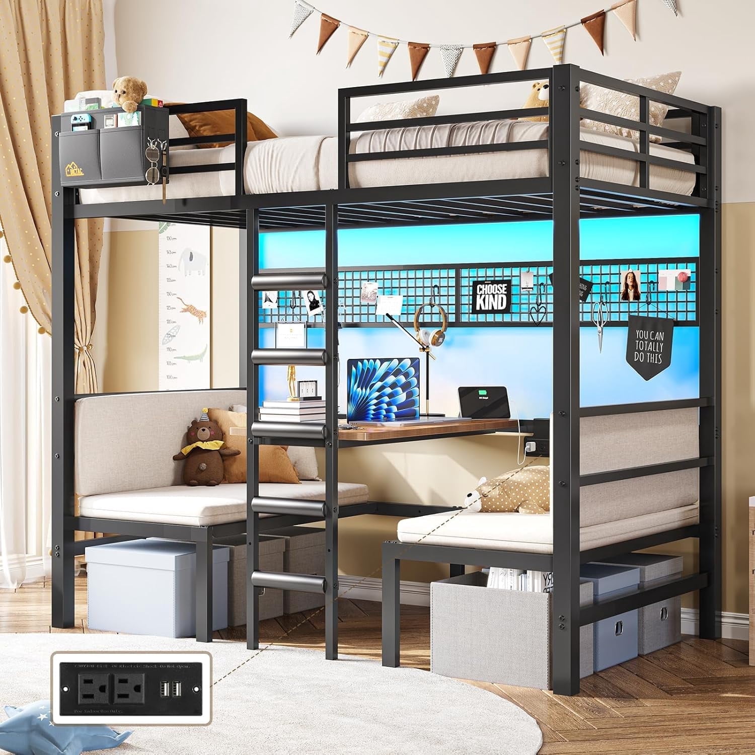 Mabor Twin Over Twin Metal Bunk Bed, Black, Loft Bed with Desk, LED ...