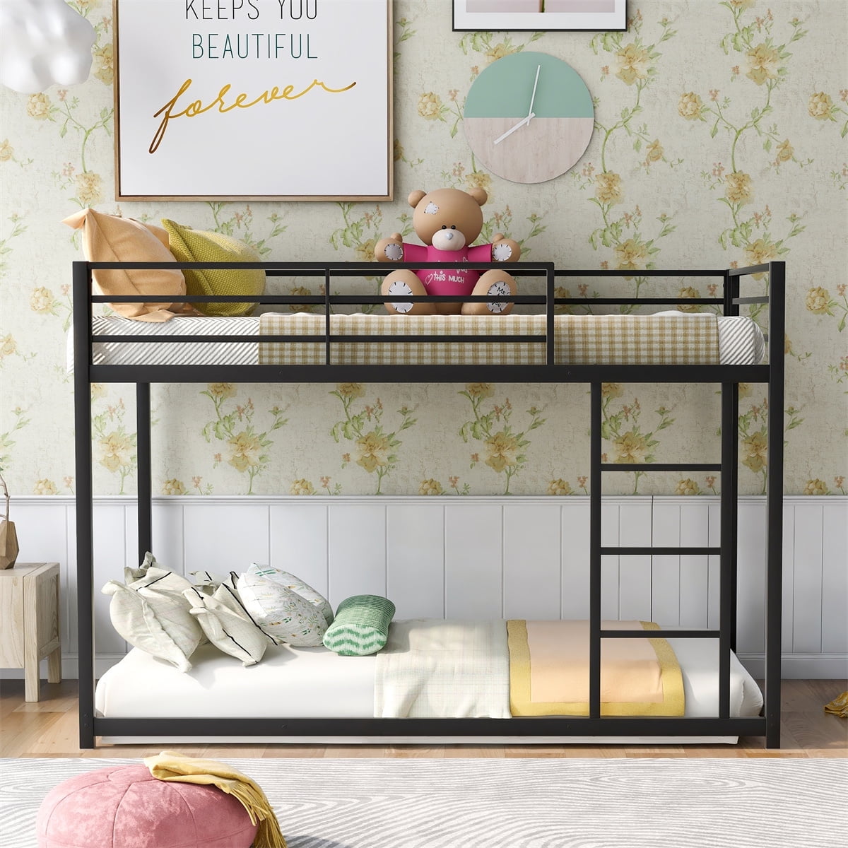 Twin over Twin Metal Bunk Bed, Low Bunk Bed with Built in Ladder ...