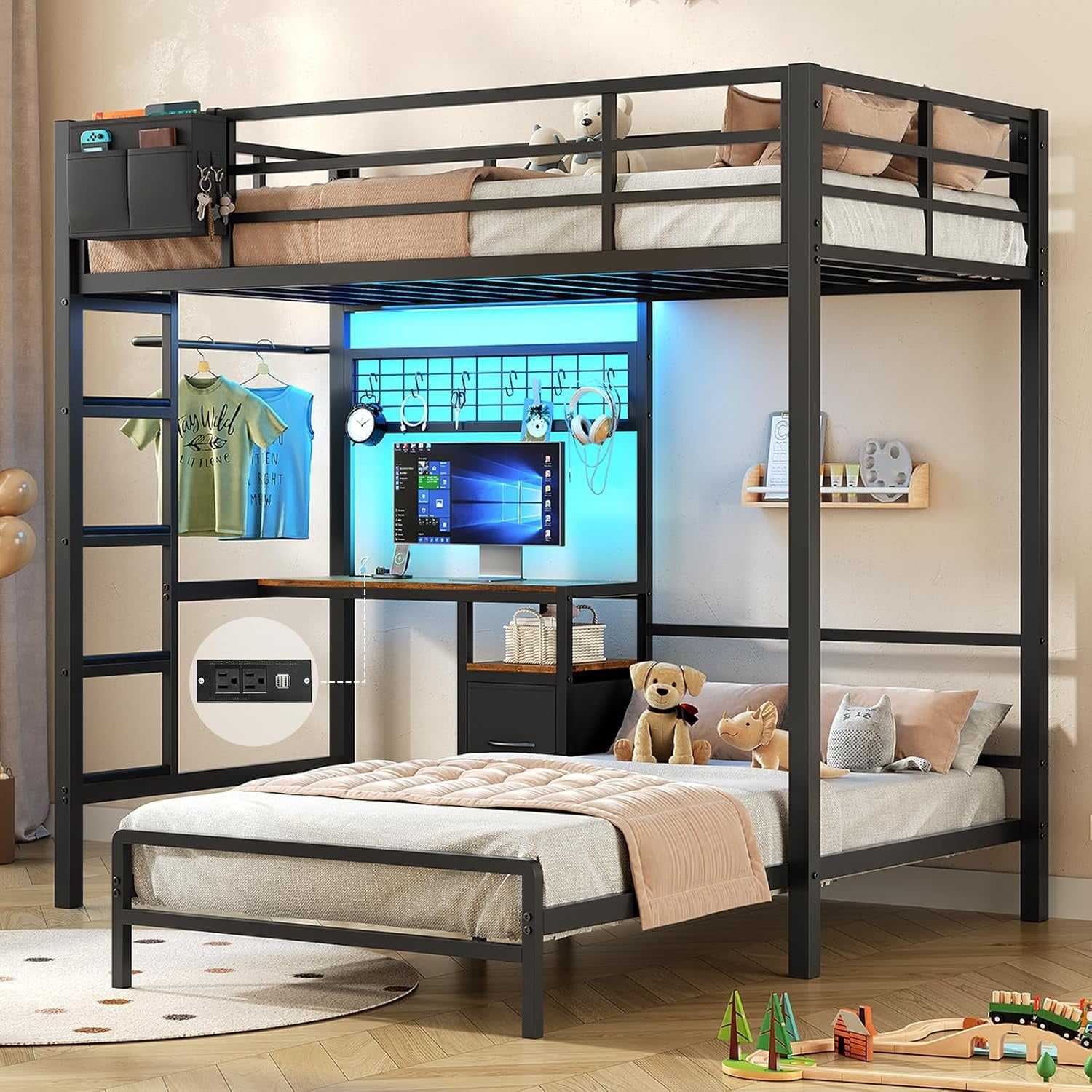 Twin Over Twin Size Bunk Bed with Desk L-Shaped Metal Bunk Bed with Led ...