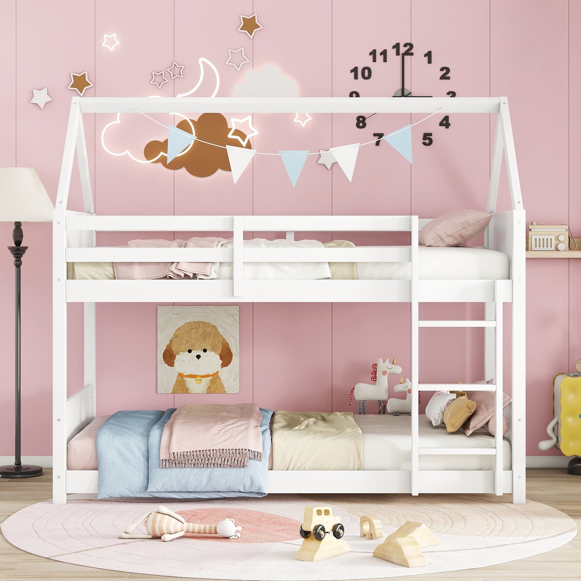 Twin over Twin Solid and Stable House Floor Bunk Bed with Headboards ...