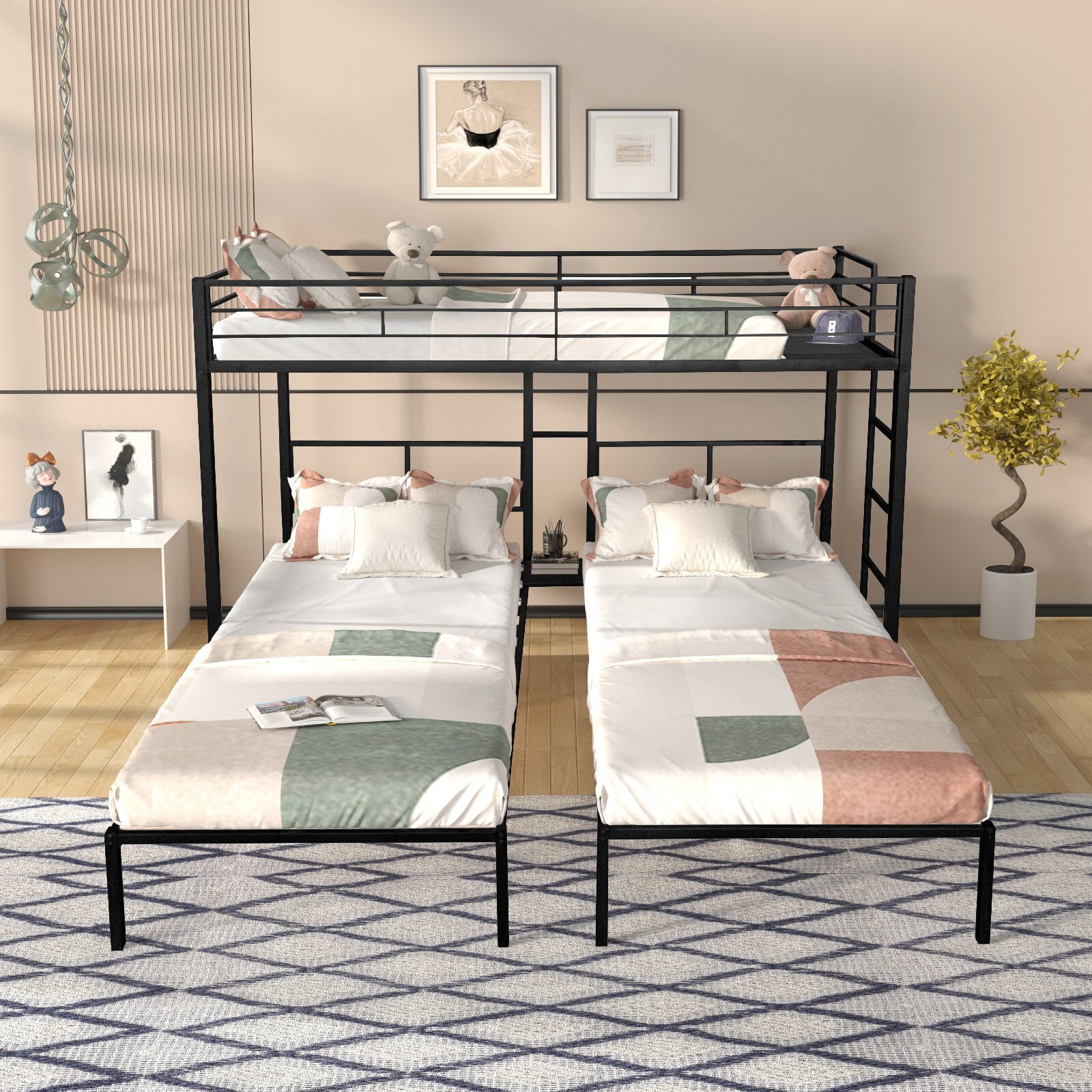 Twin Over Twin Over Twin Bunk Bed Frame with Wooden Slats, Sturdy Metal ...