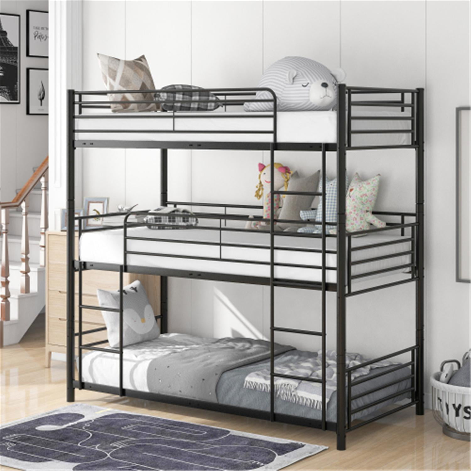 Twin-Twin-Twin Metal Triple Bunk Bed Frame, Triple Bunk Bed with Two ...