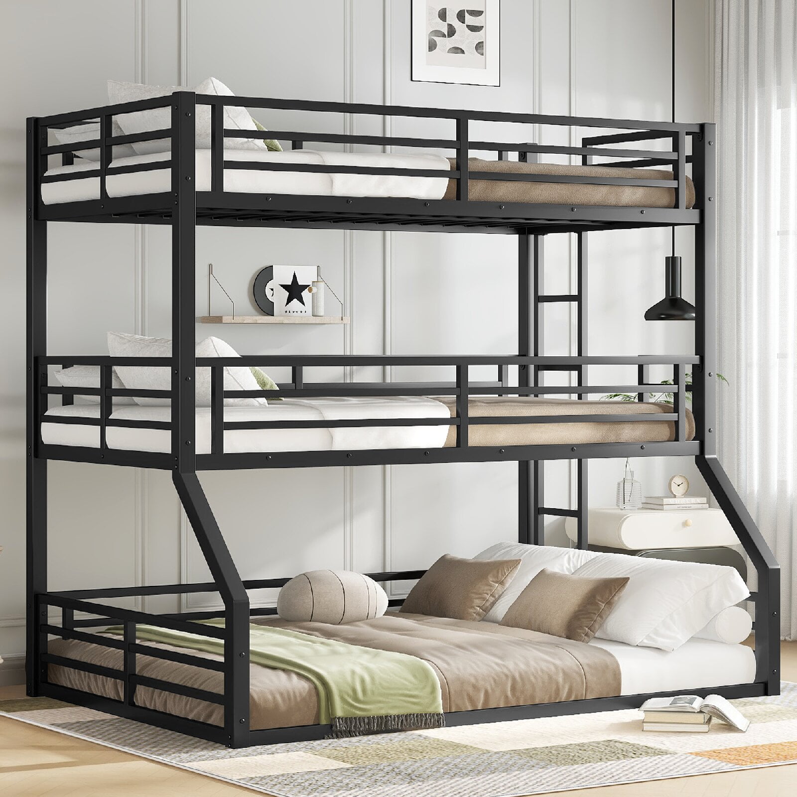 Twin over Twin over Twin Size Triple Bunk Bed Frame with Safety Guard ...