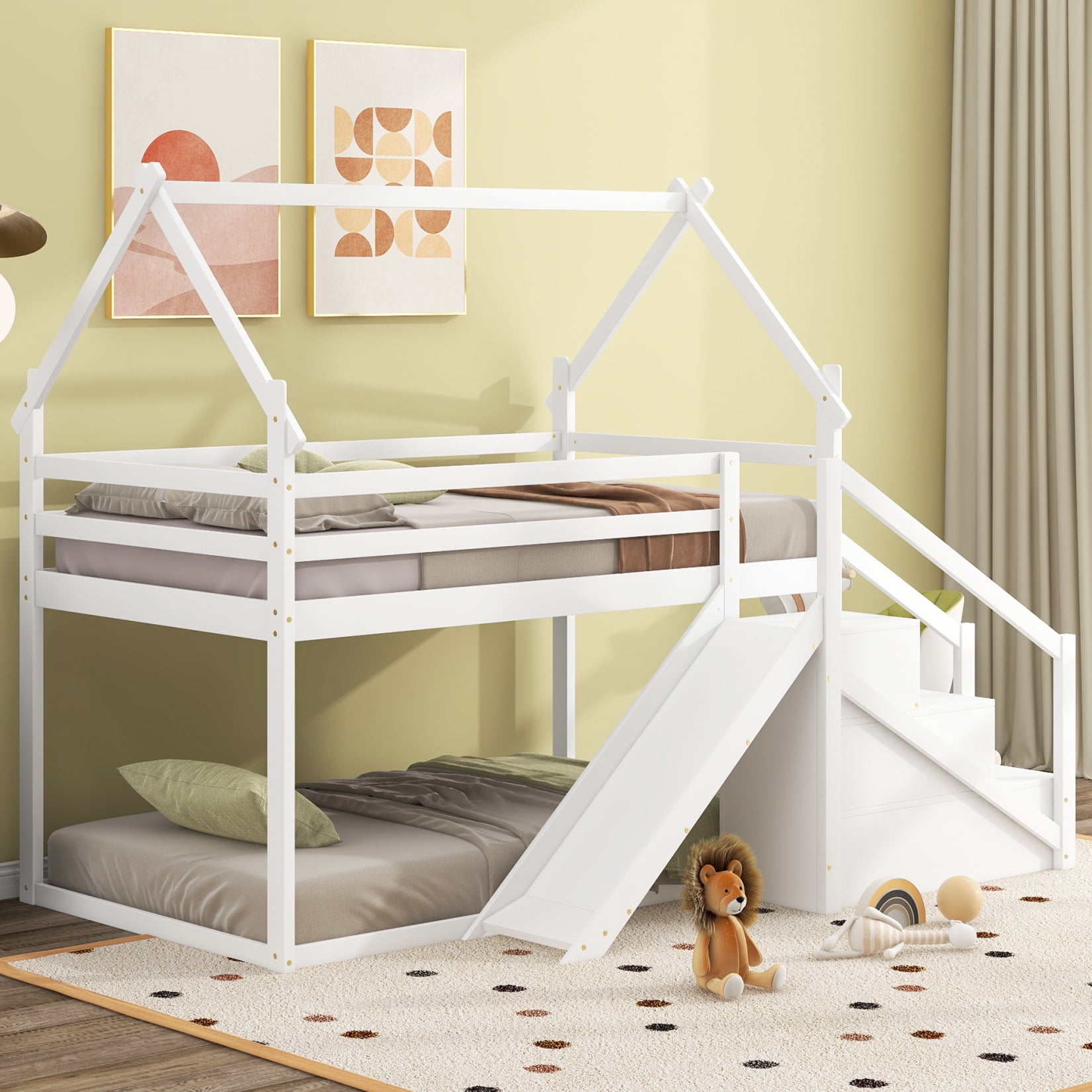 Twin Over Twin Wooden Bunk Bed with Slide and Storage Staircase, House ...