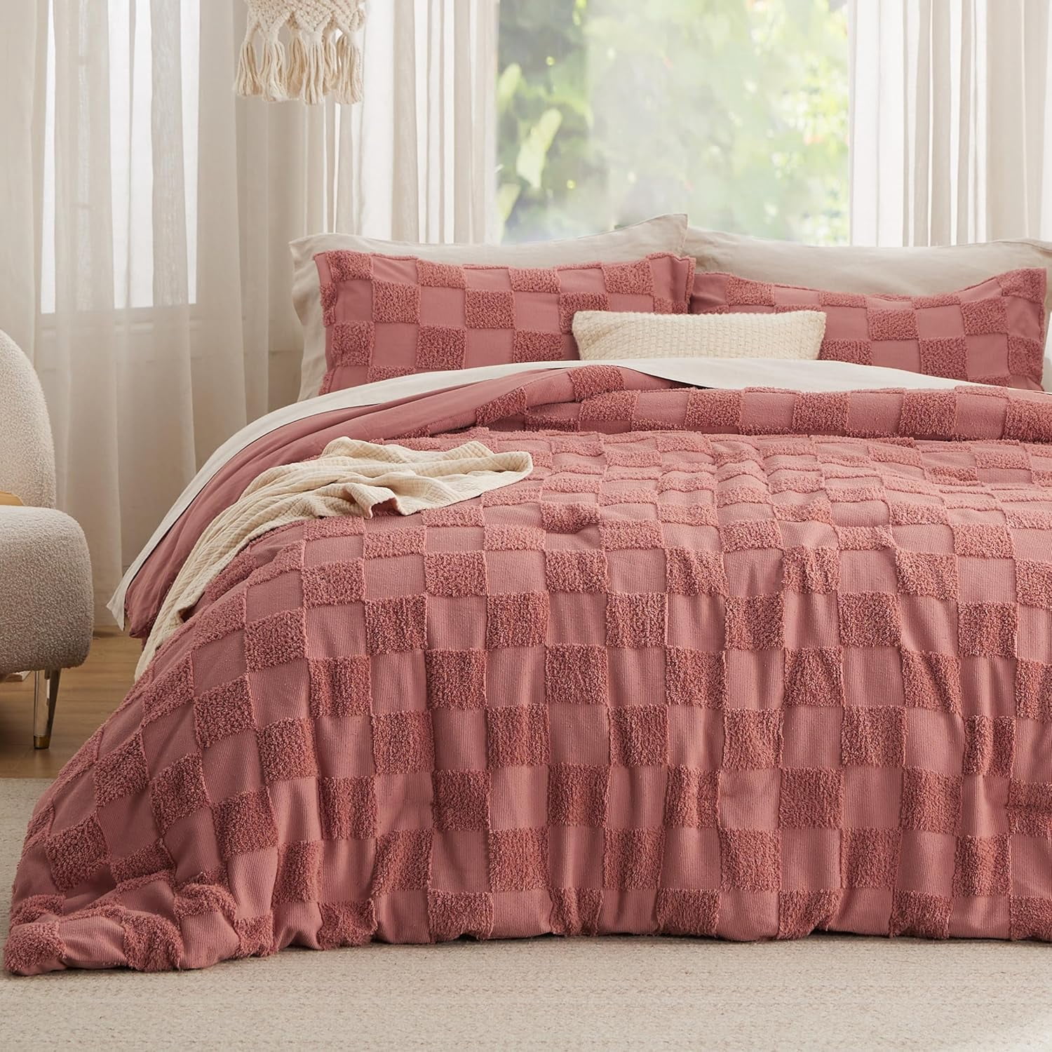 Twin/Twin XL Comforter Set Grayish Pink, Boho Tufted Bed Set, Checkered ...