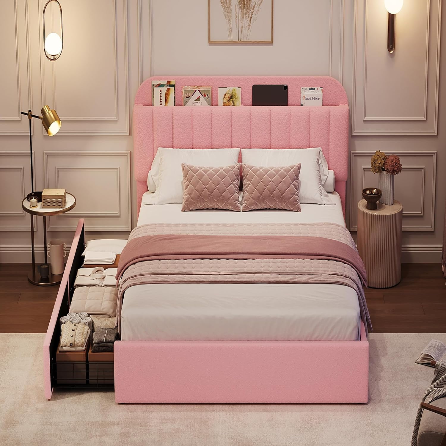 Twin/Twin XL/Full/Queen Size Bed Frame with Storage Headboard, Girls ...