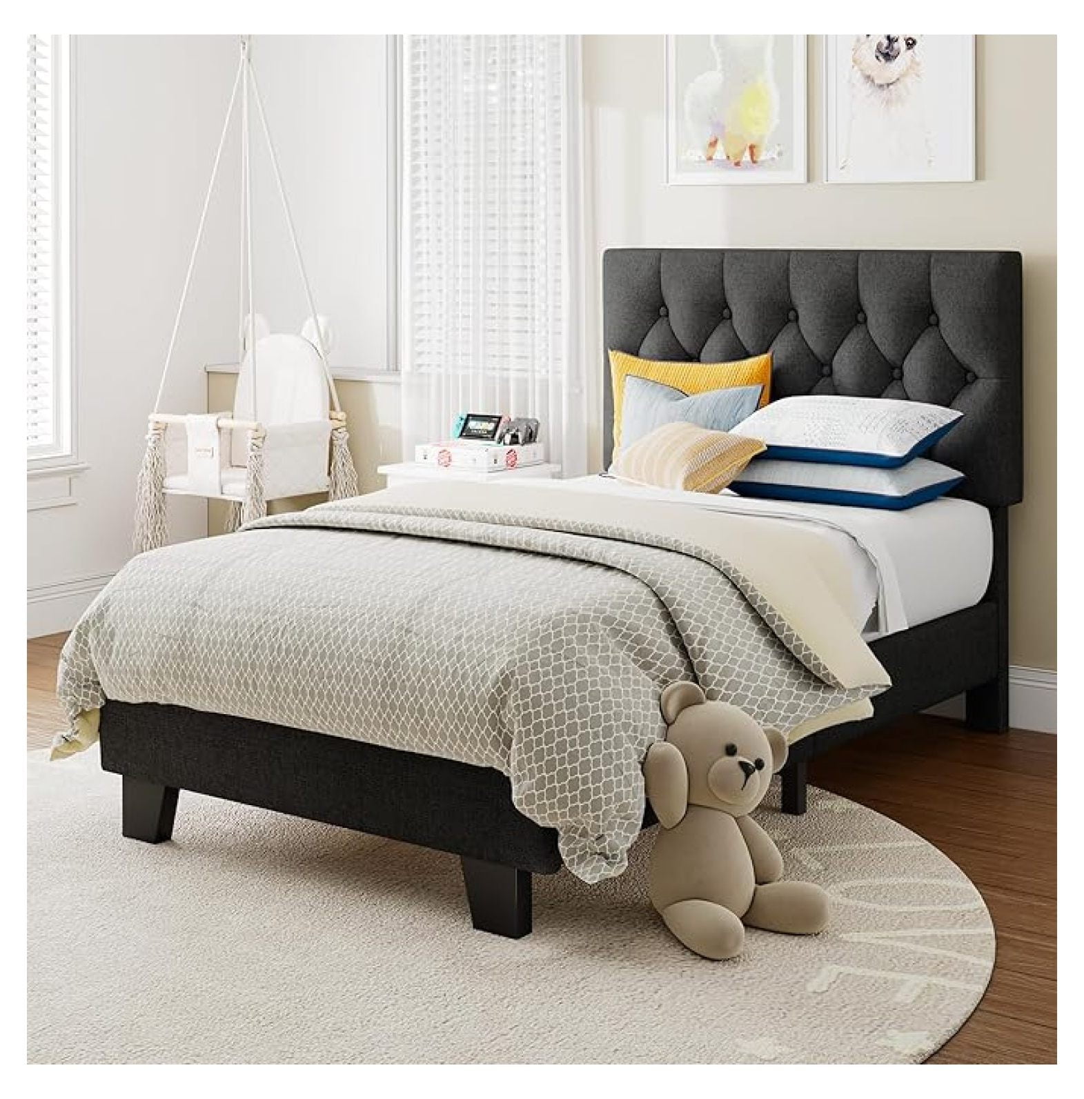 Twin Upholstered Bed Frame with Headboard, Button Tufted Linen Bed Base ...