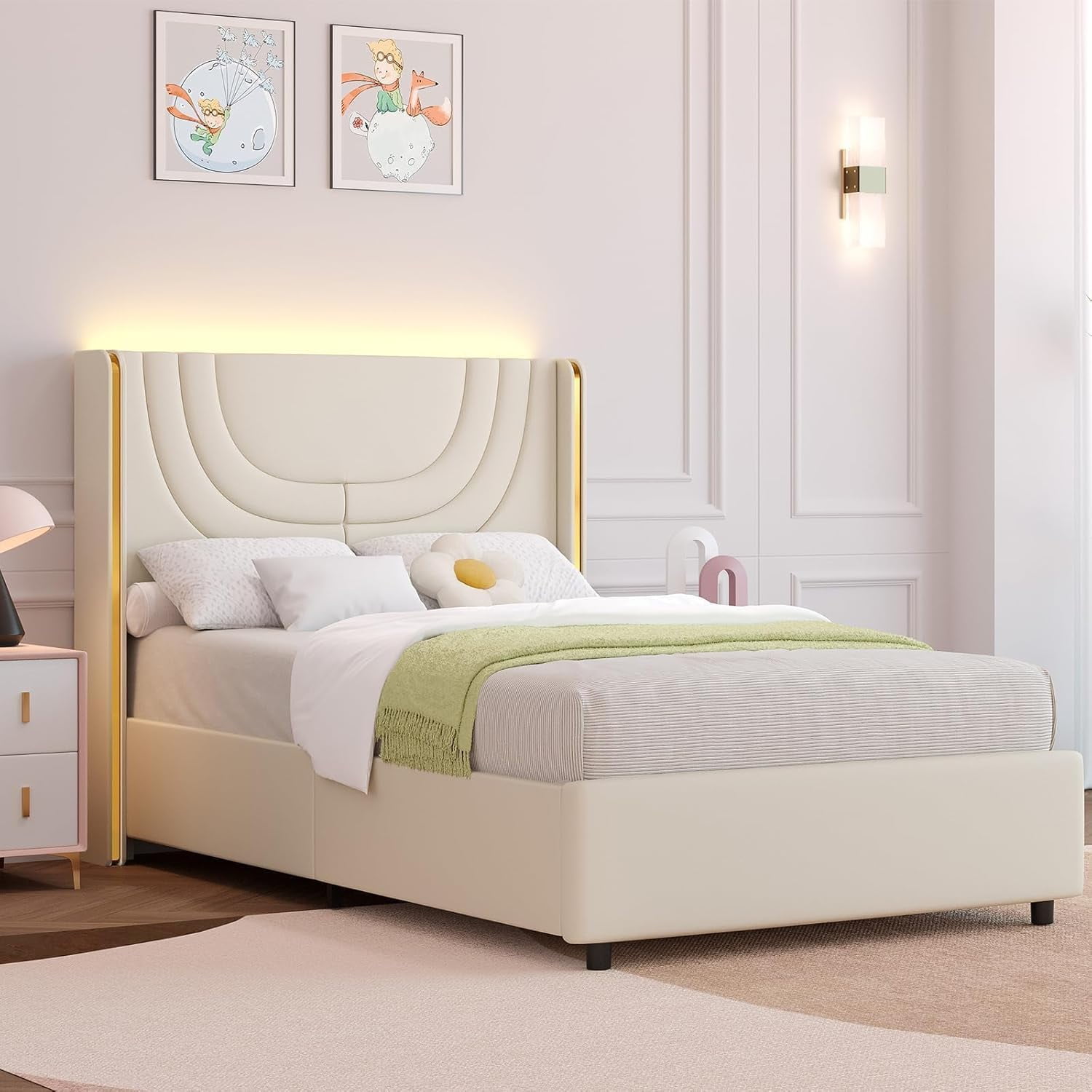 Twin Upholstered Bed Frame with LED Lights, Faux Leather Platform Bed ...