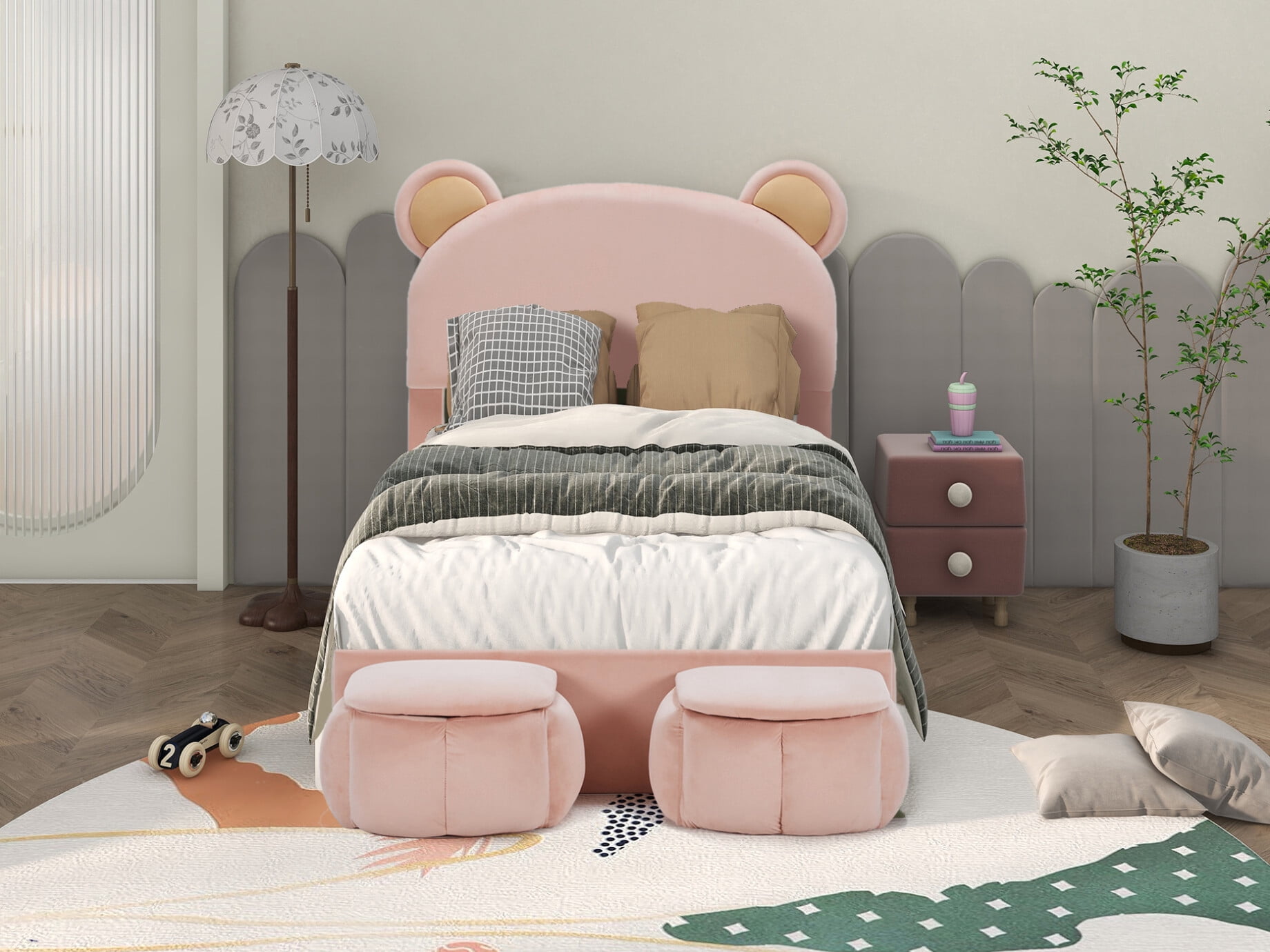 Twin Upholstered Bed Frame with Playful Bear Ear Headboard for Kids ...