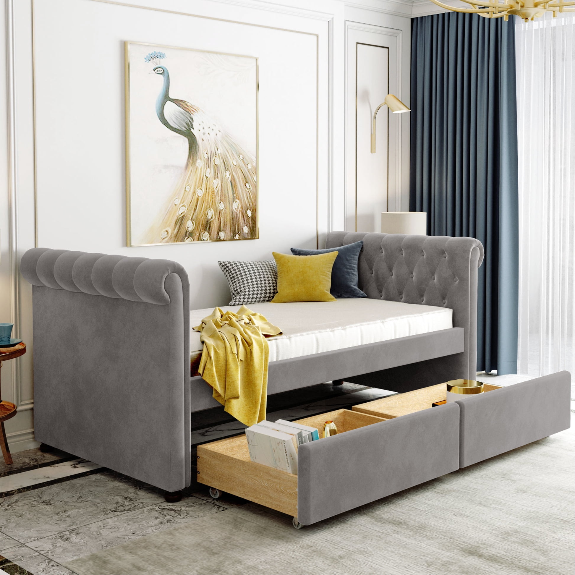 Twin Upholstered Daybed With Drawer Function And Wood Slat Resting ...