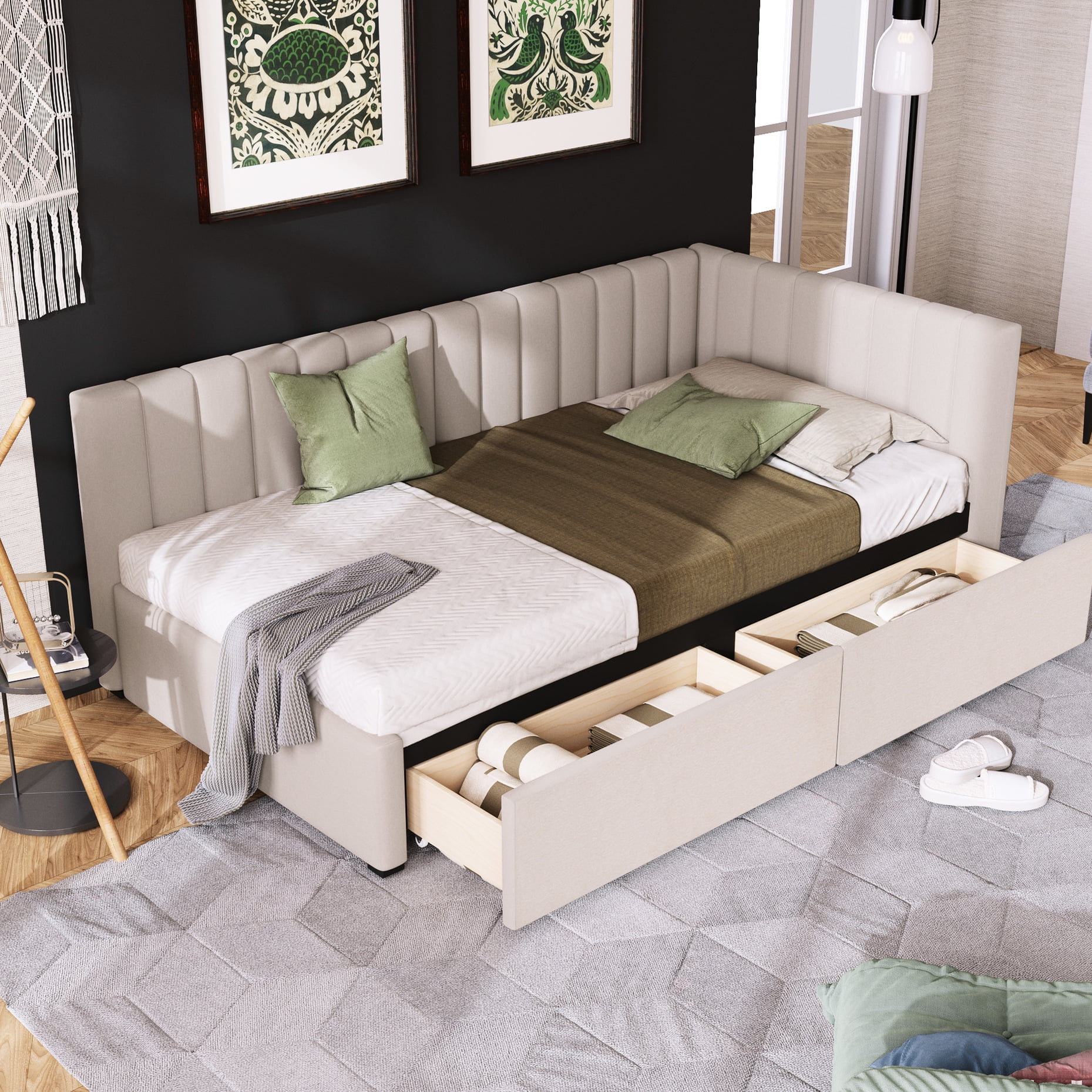Twin Upholstered Frame Bed / Beige Linen, Wood Construction and Storage ...