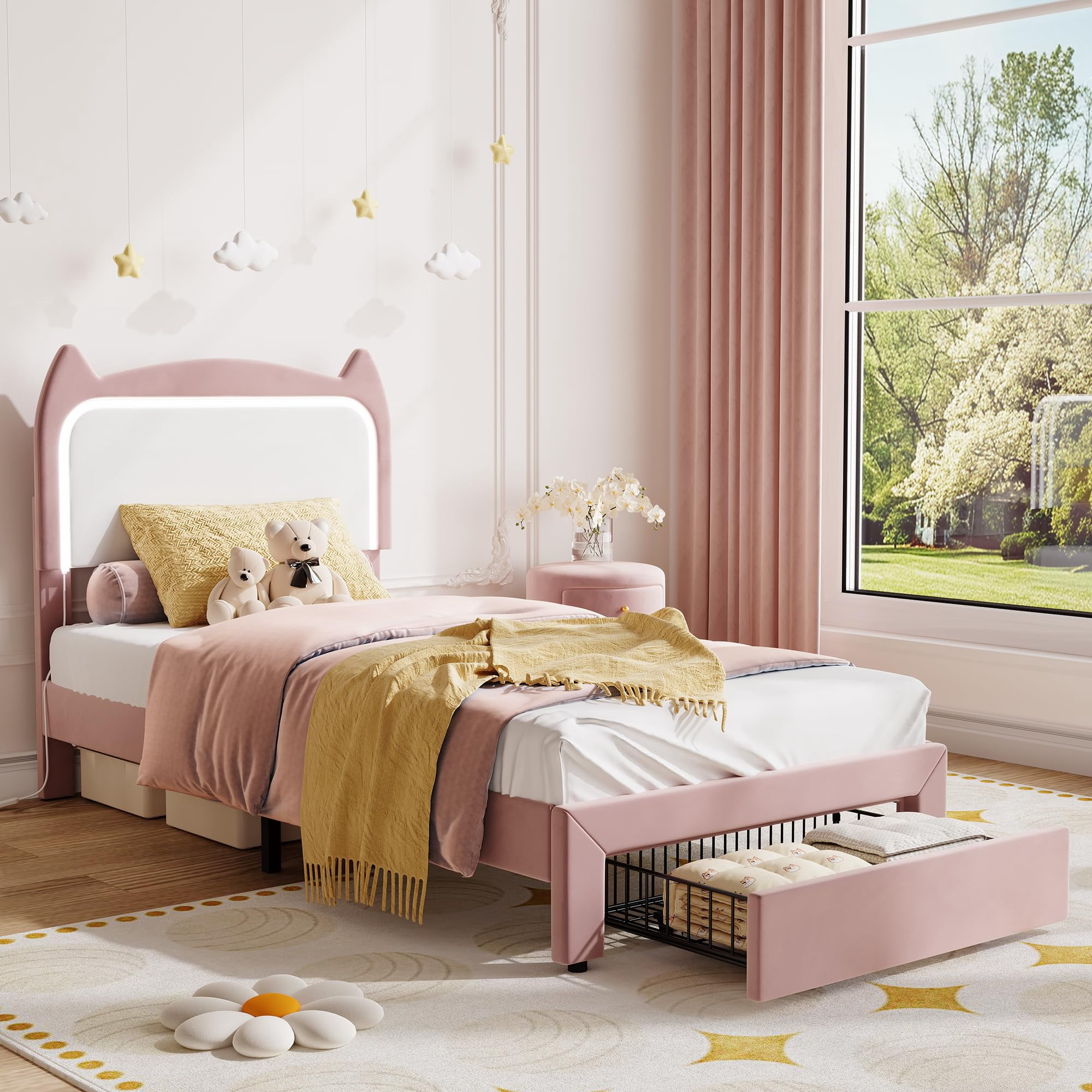 Twin Upholstered LED Bed Frame with Storage Drawer & Cute Cat Headboard ...