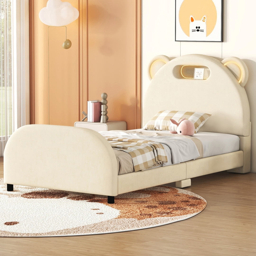 Twin Upholstered Platform Bed with Bear-Shaped Headboard, Cute Wooden ...