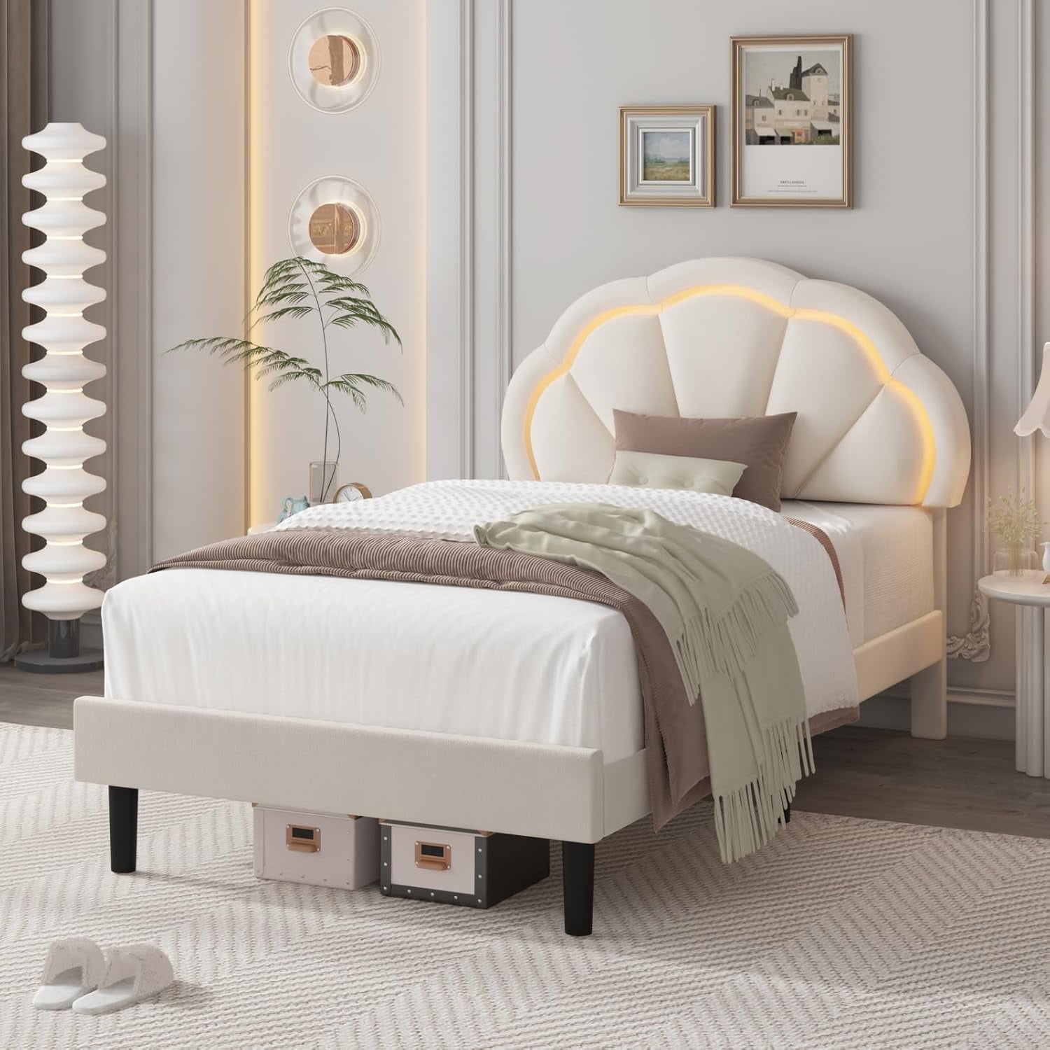 Twin Upholstered Smart LED Bed Frame with Adjustable Chic Petal ...