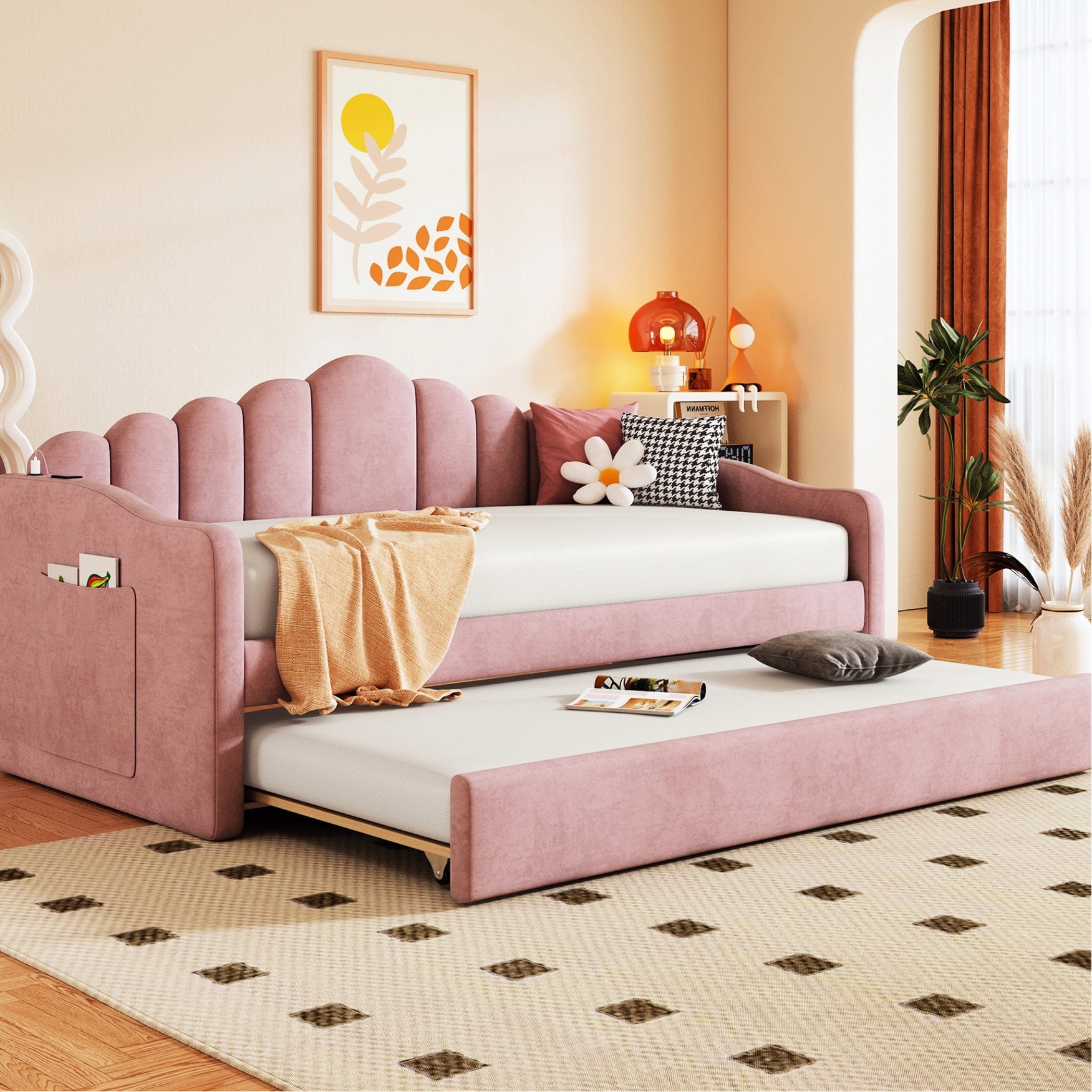 Twin Velvet Bed - Trundle with Storage Pockets - Small Homes - Space ...