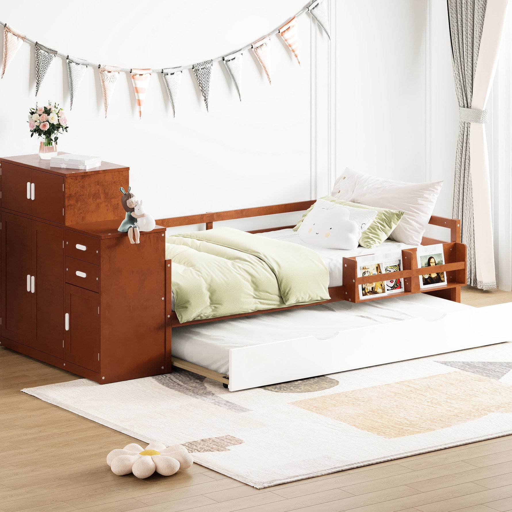 Twin Walnut Bed - Built - in Storage and Extra Sleeping Trundle - In ...
