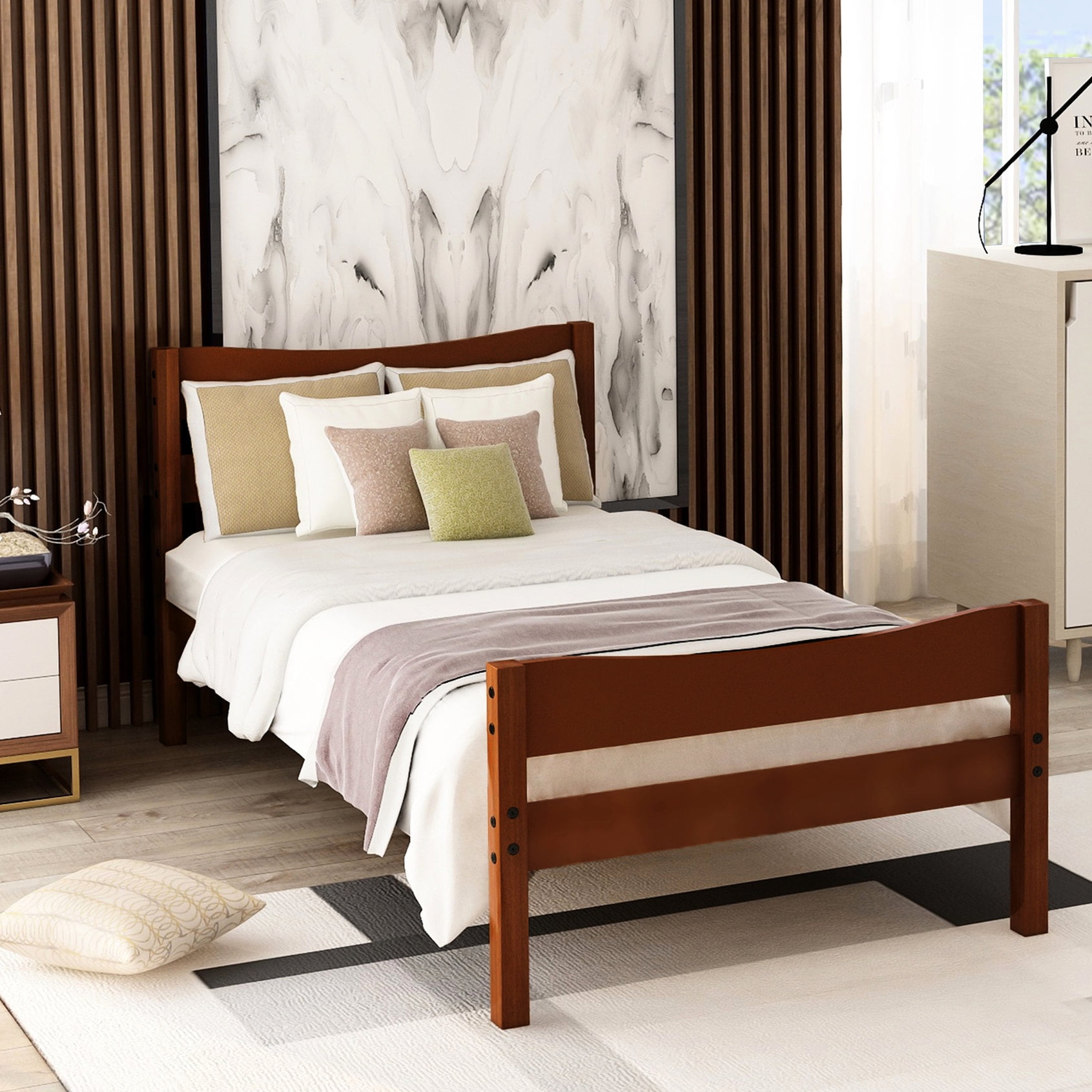 Twin Walnut Platform Bed with Support and Headboard | Solid Wood, Wear ...