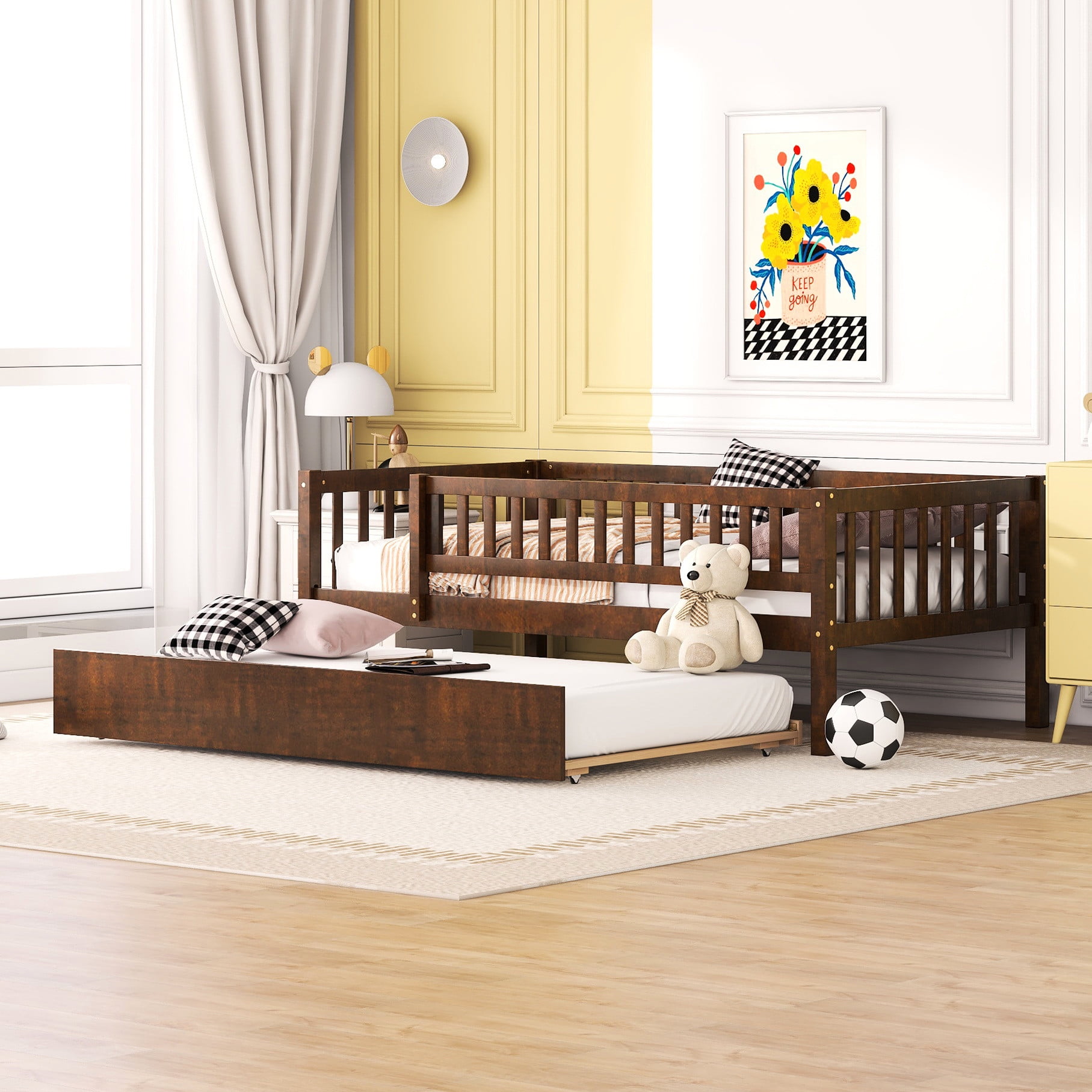 Twin Walnut Wood Daybed Featuring Trundle and Fence Guardrails ...