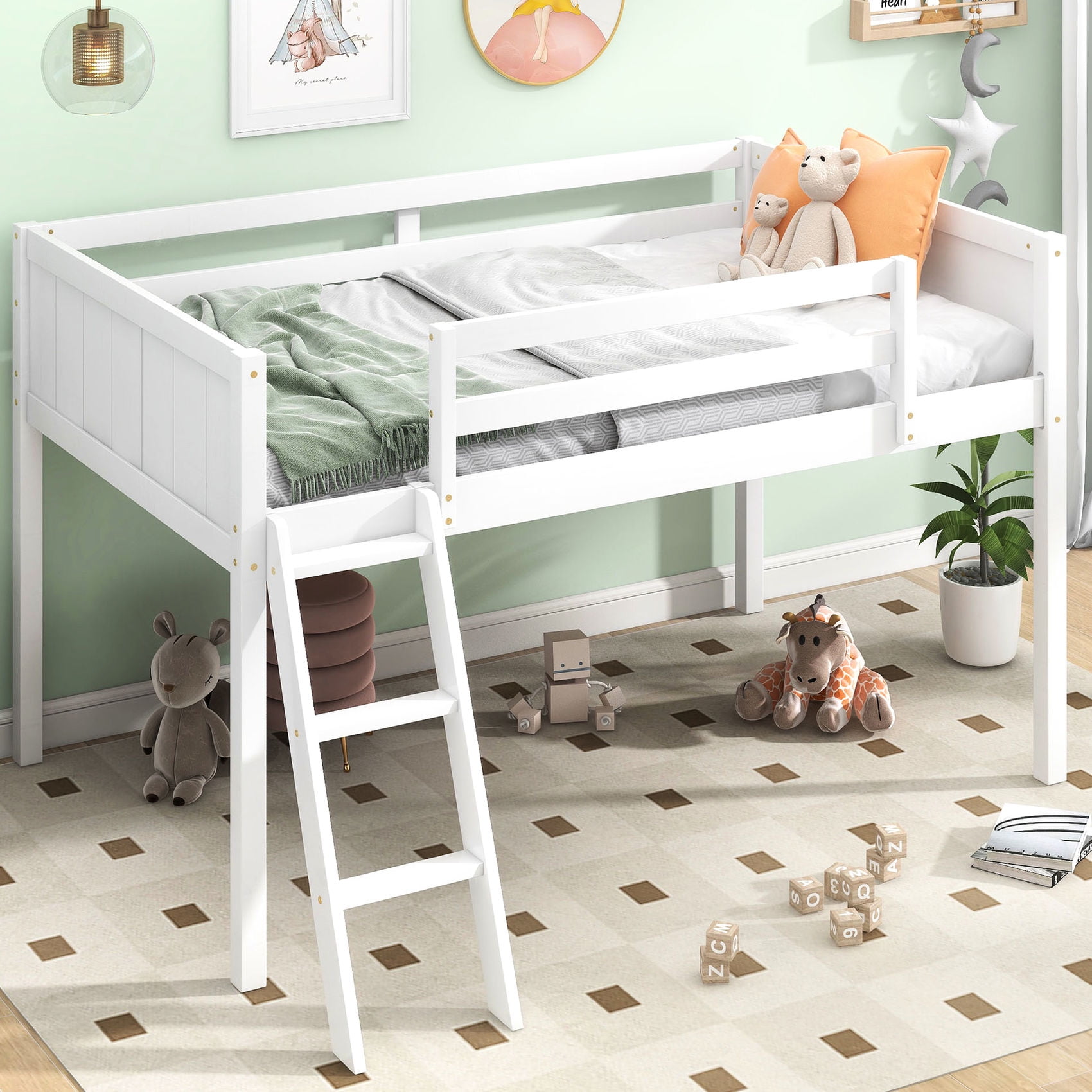 Twin White Wood Low Loft Bed with Left - Right Ladder Option | Full ...