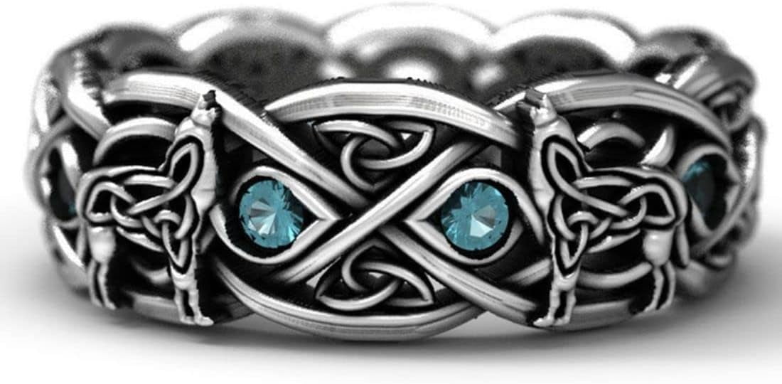 Twin Wolves Ring for Men, Retro Wolf Rune Totem Rings, Topaz Rhinestone ...