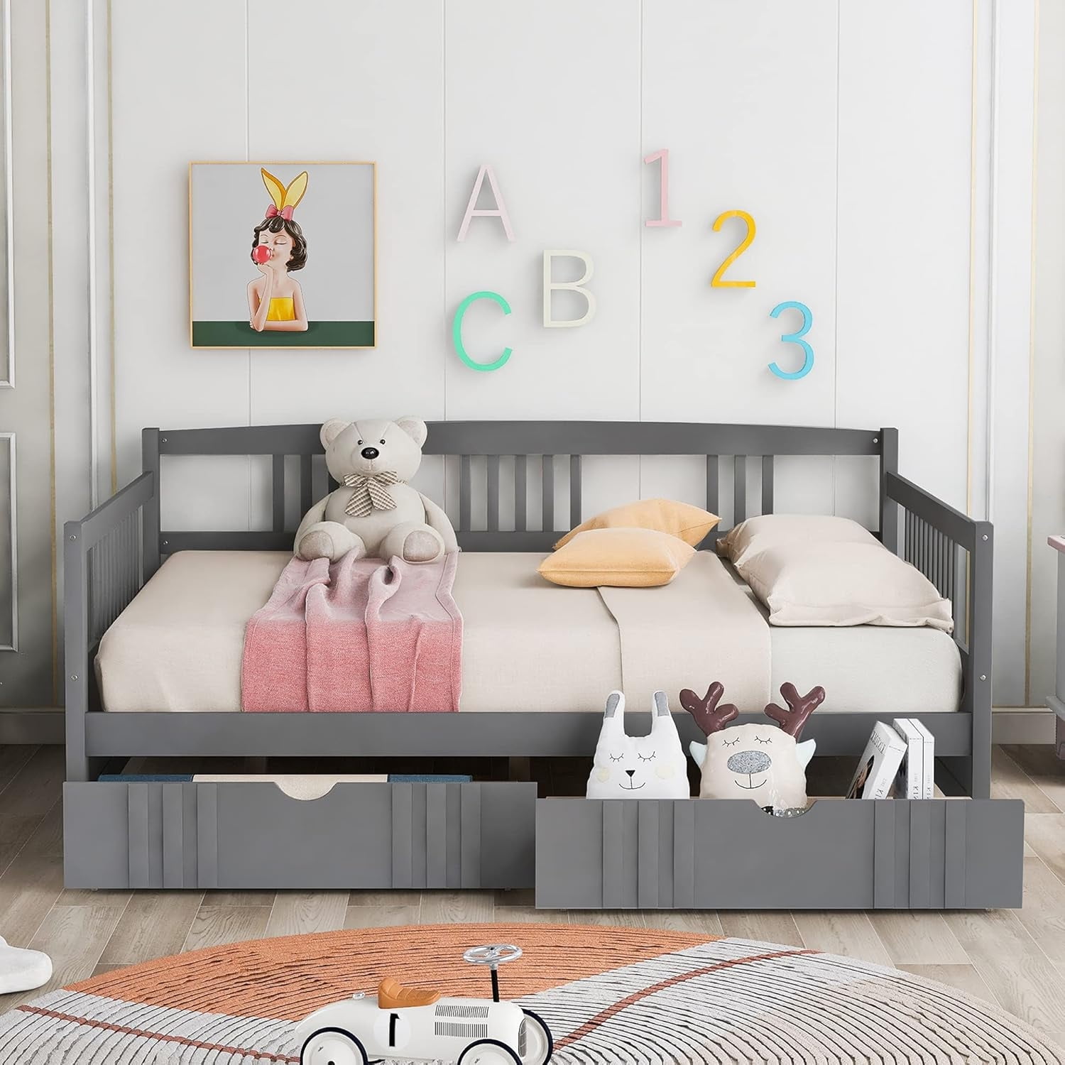 Twin Wood Daybed with Rails Twin Bed Wooden Slats Support Modern Living ...